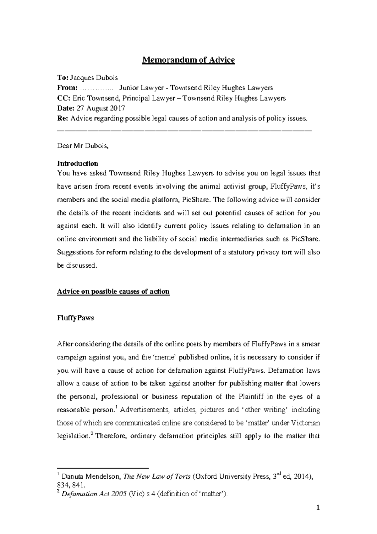 Memo of advice example 2 - LAW2394 - RMIT University - Studocu