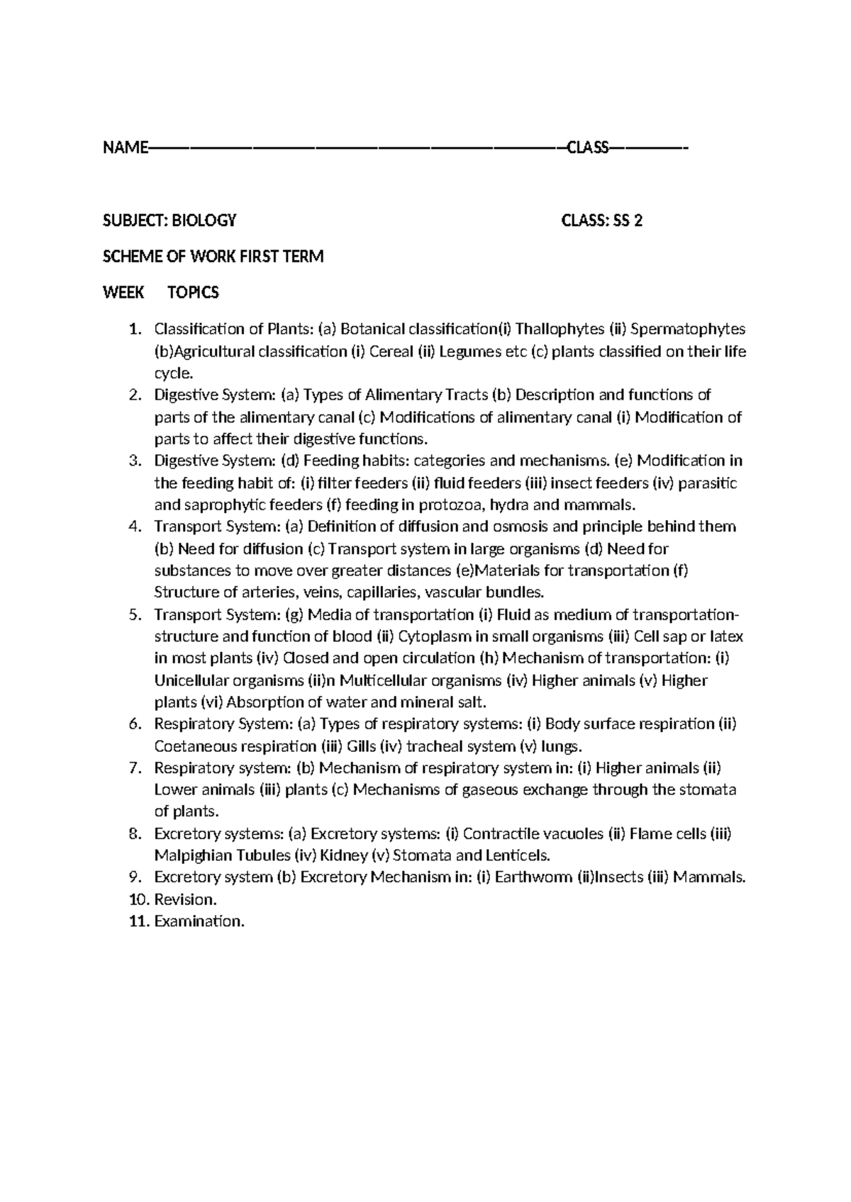 Biology SS2 1ST TERM E Notes - NAME-CLASS- SUBJECT: BIOLOGY CLASS: SS 2 ...