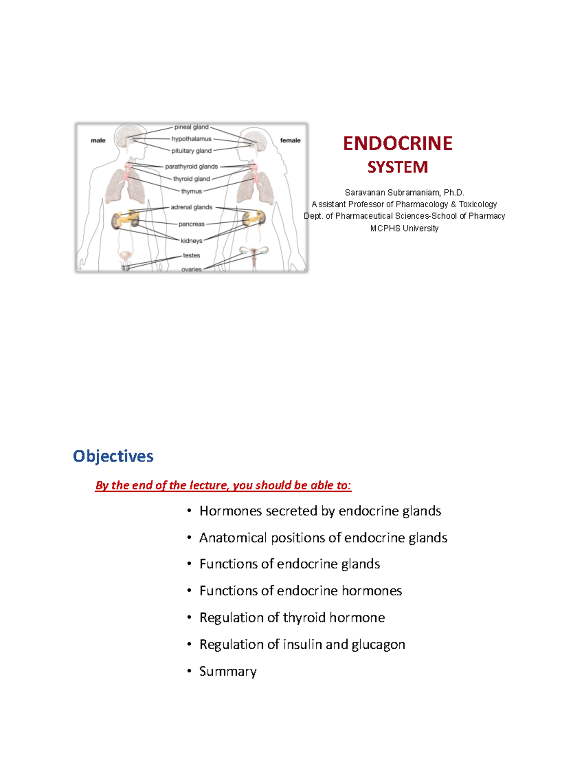 Endocrine system - ENDOCRINE SYSTEM Saravanan Subramaniam, Ph ...