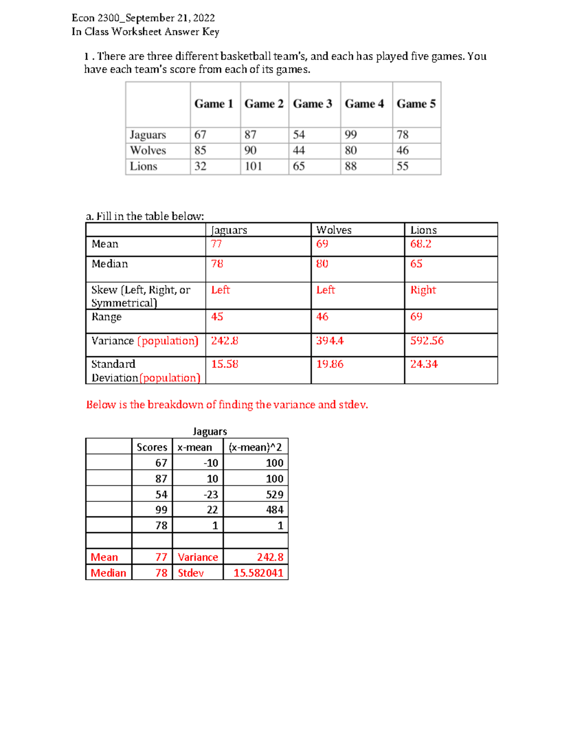 Econ 2300 Sep21 Worksheet Answer Key1 - a. Fill in the table below: Jaguars Wolves Lions Mean 77 ...