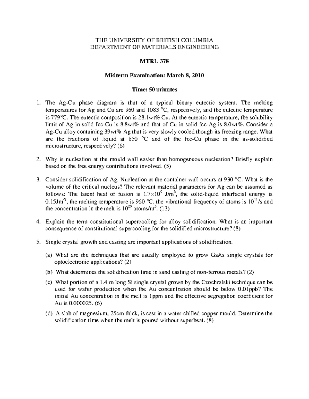 MTRL378midterm 2010 - Practice Midterm - THE UNIVERSITY OF BRITISH COLUMBIA DEPARTMENT OF ...