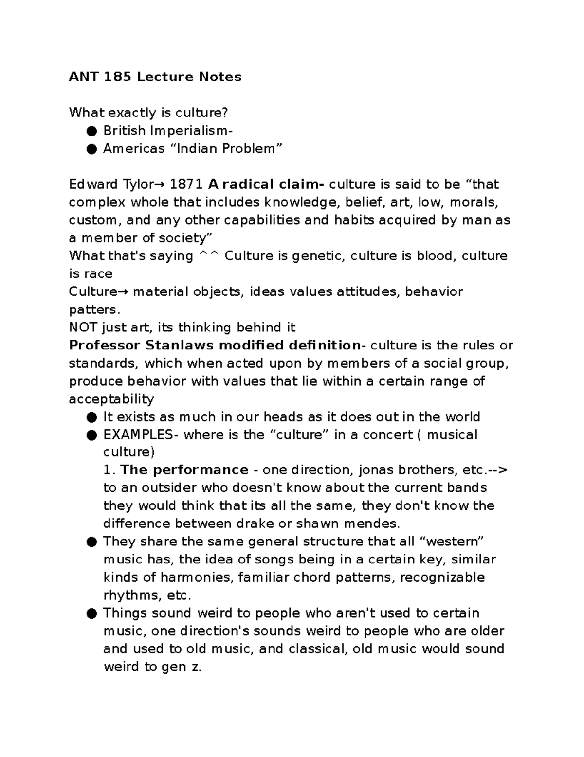 Anthropolgy notes - ANT 185 Lecture Notes What exactly is culture ...