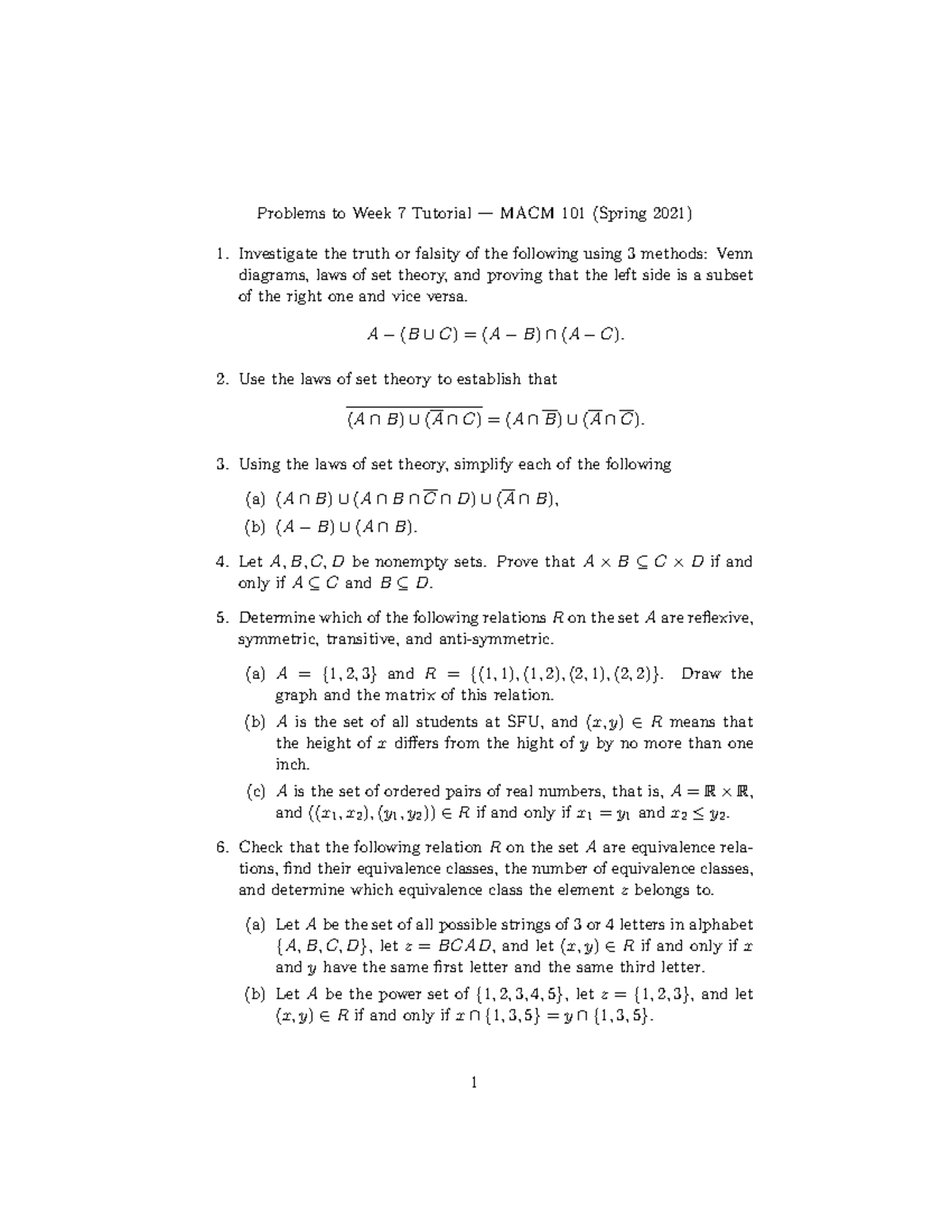 Tut6 - tutorial - Problems to Week 7 Tutorial — MACM 101 (Spring 2021) Investigate the truth or ...