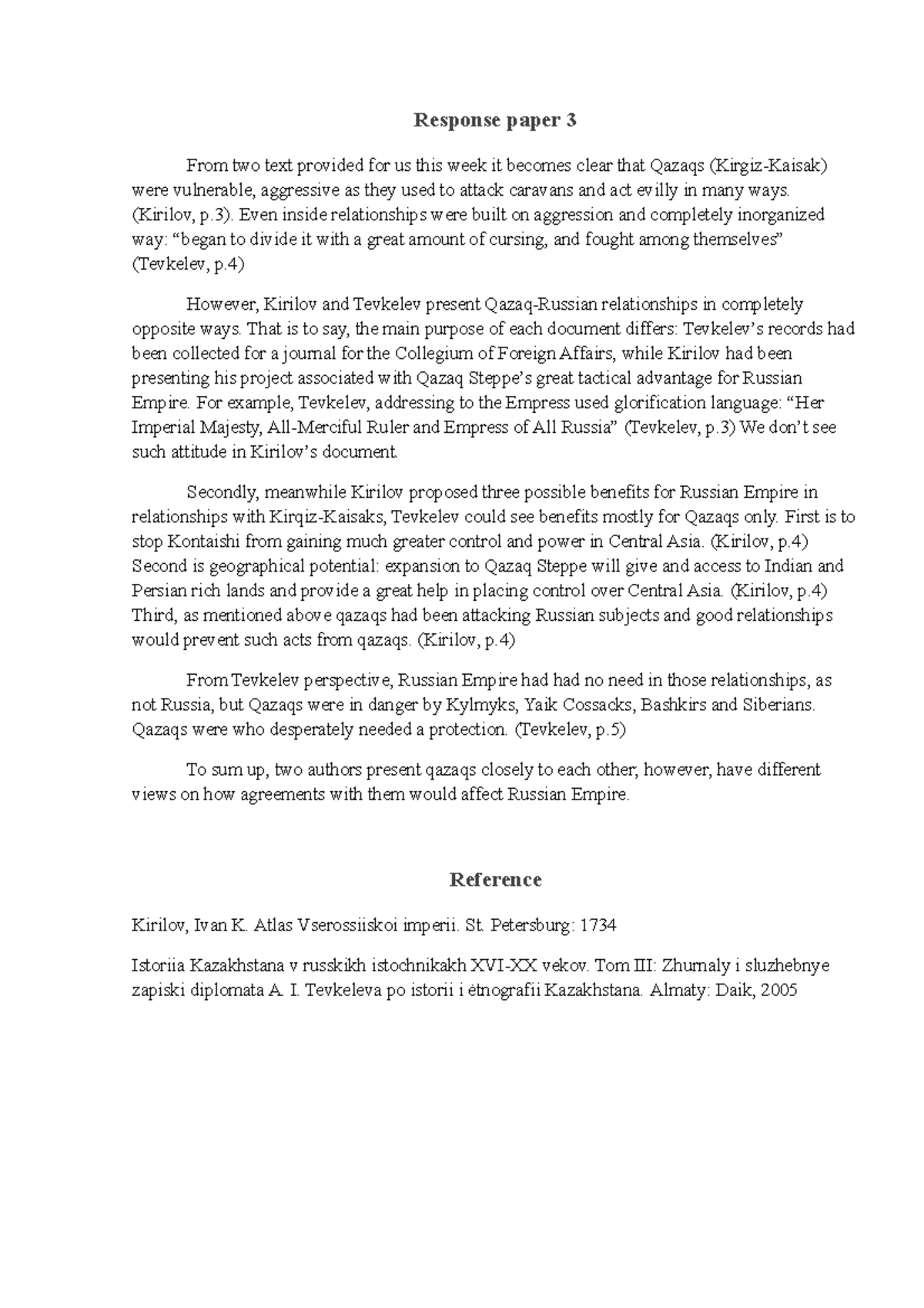 Response paper 3 - (Kirilov, p). Even inside relationships were built ...