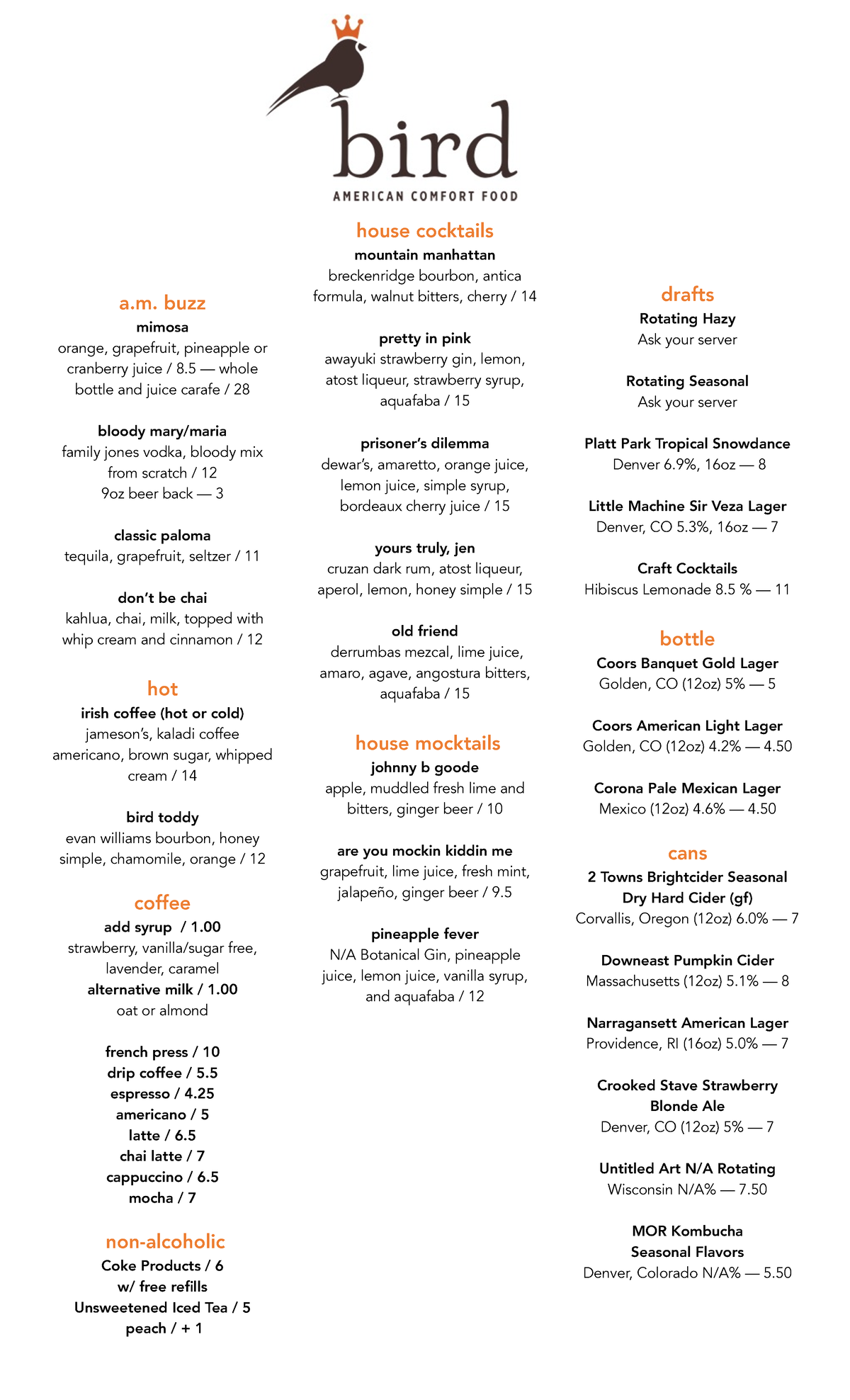 Bird-drink-menu - Menu - a. buzz mimosa orange, grapefruit, pineapple ...