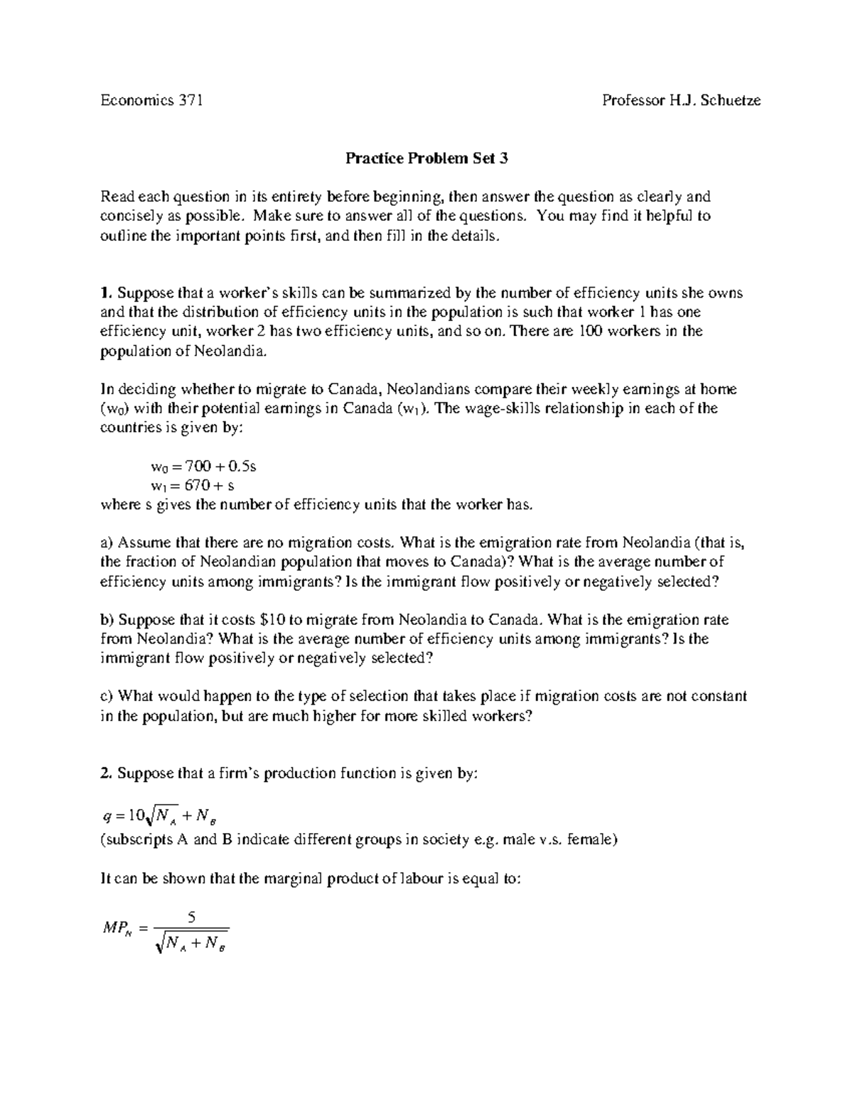 Tutorial work - problem set 3 solutions - Economics 371 Professor H ...