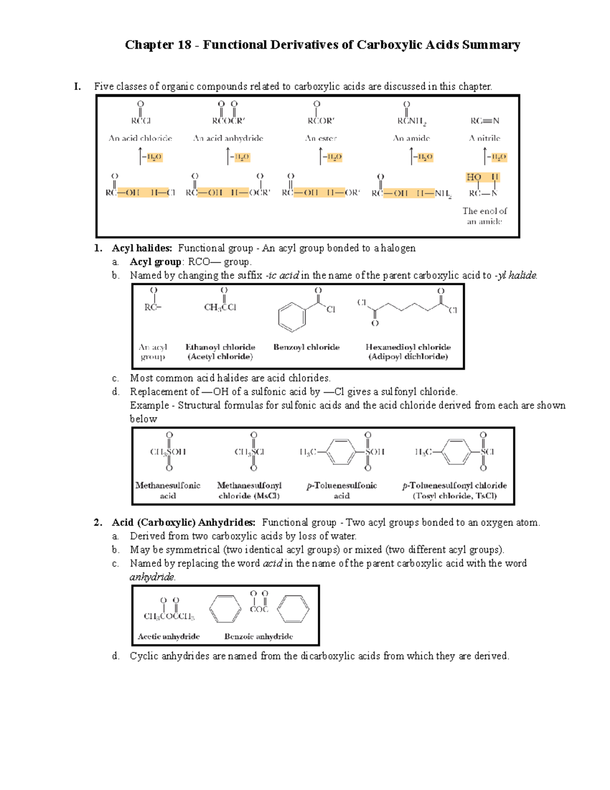 Chapter 18 - Functional Derivatives of Carboxylic Acids Summary - Five ...