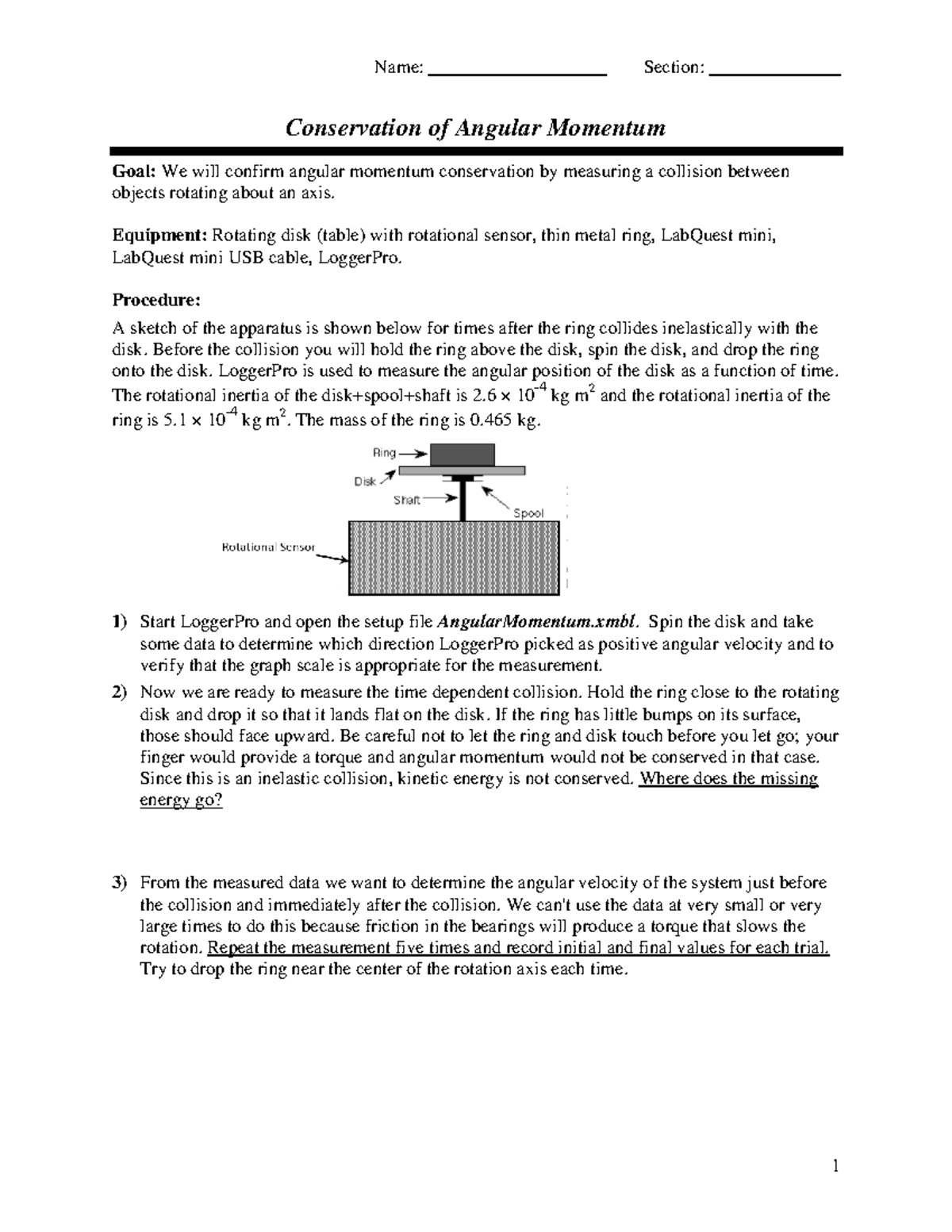 Activity 19-Conservation of angular momentum -2nd - Name: Section: 1 ...