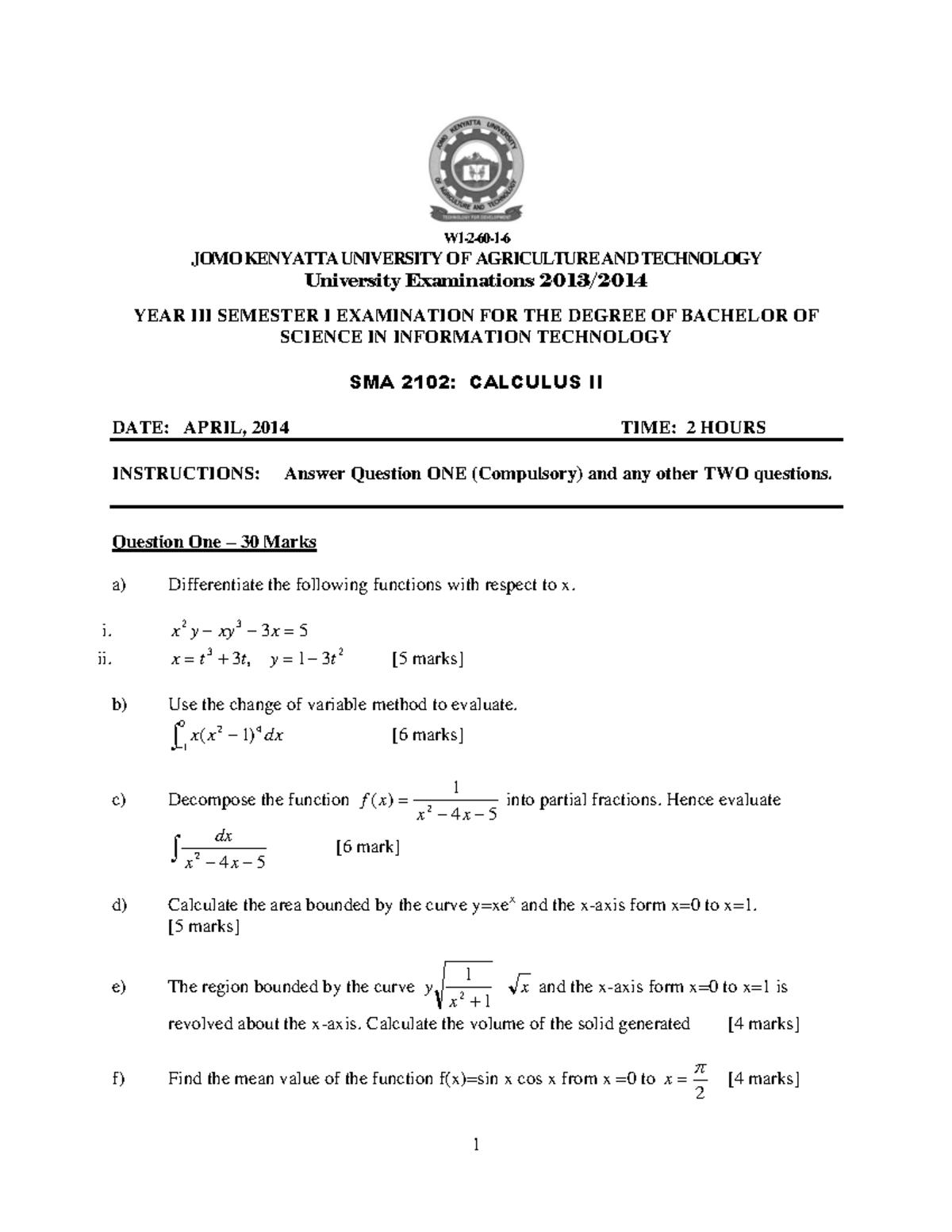 SMA 2102 - Calculus 2 - 1 JOMO KENYATTA UNIVERSITY OF AGRICULTURE AND ...