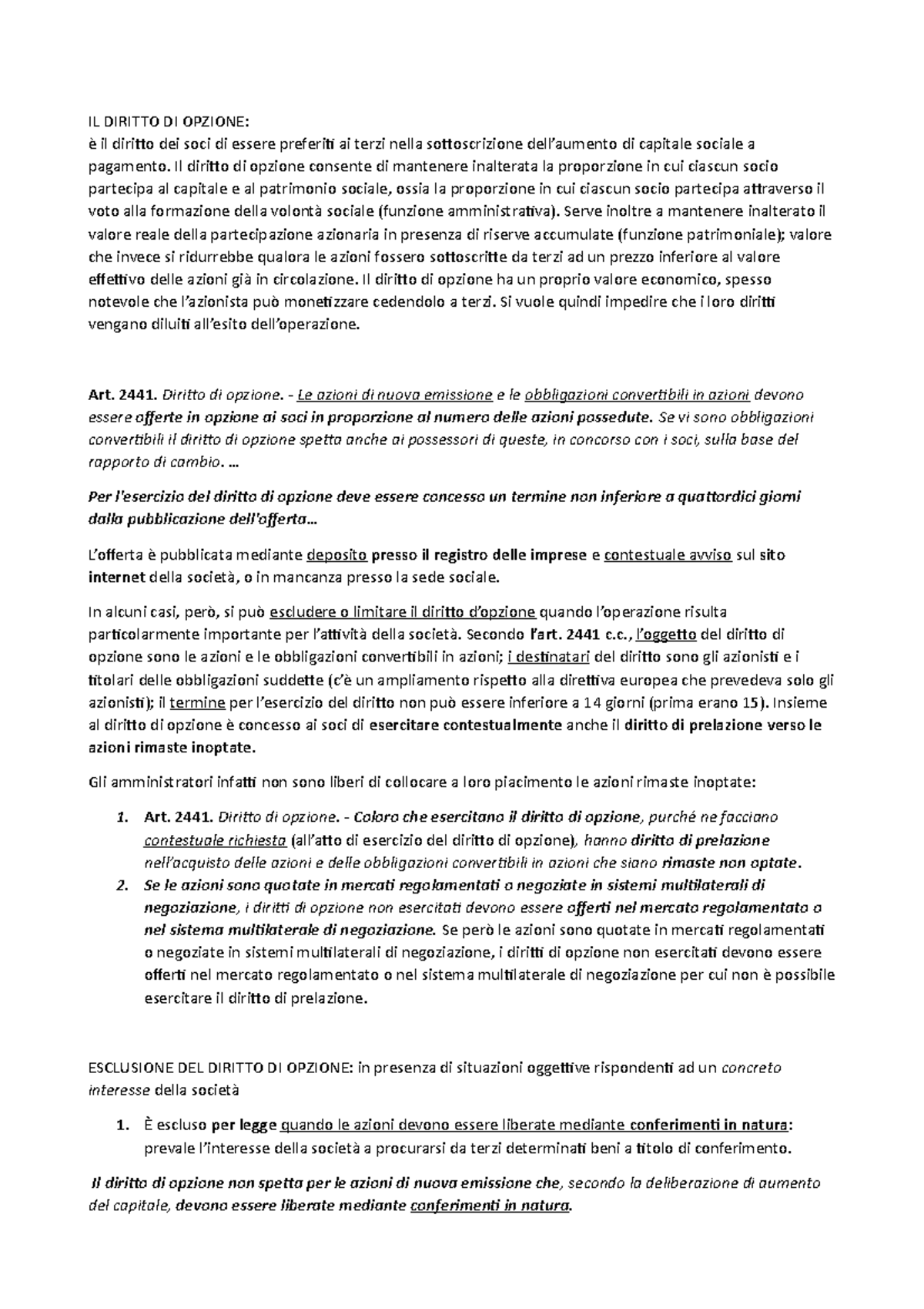 IL Diritto DI Opzione e seguenti - IL DIRITTO DI OPZIONE: è il diritto ...