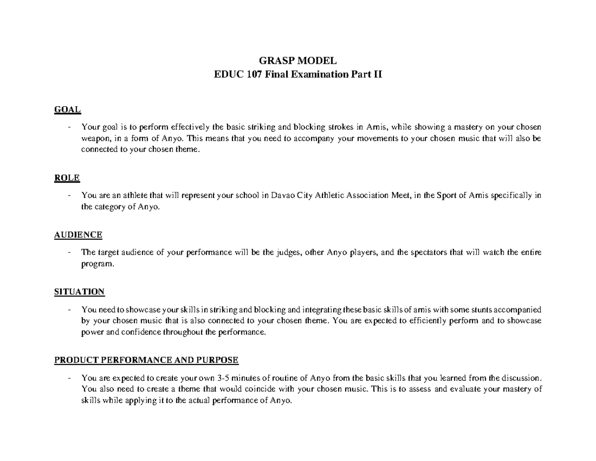 GRASP MODEL AND RUBRICS - GRASP MODEL EDUC 107 Final Examination Part ...
