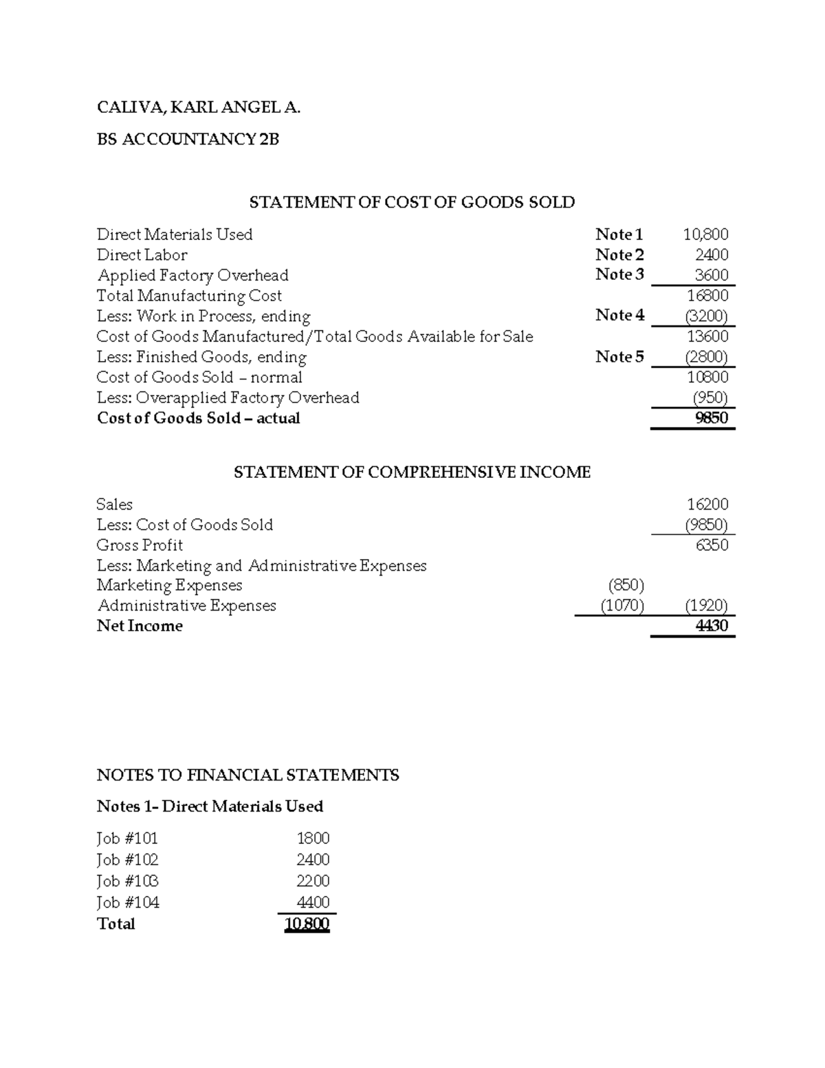 Job Order Costing Financial Statement - CALIVA, KARL ANGEL A. BS ...