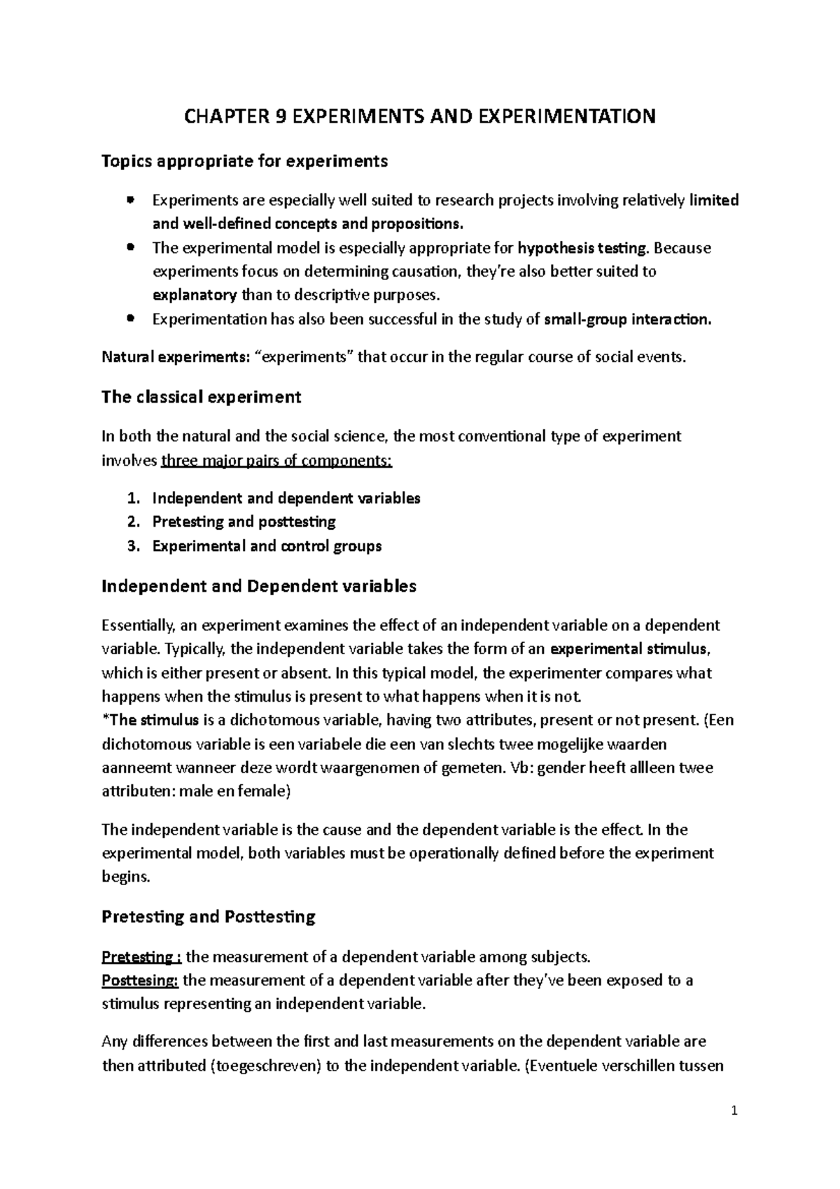 Research Methods Chapter 9 Experiments Notes - CHAPTER 9 EXPERIMENTS ...