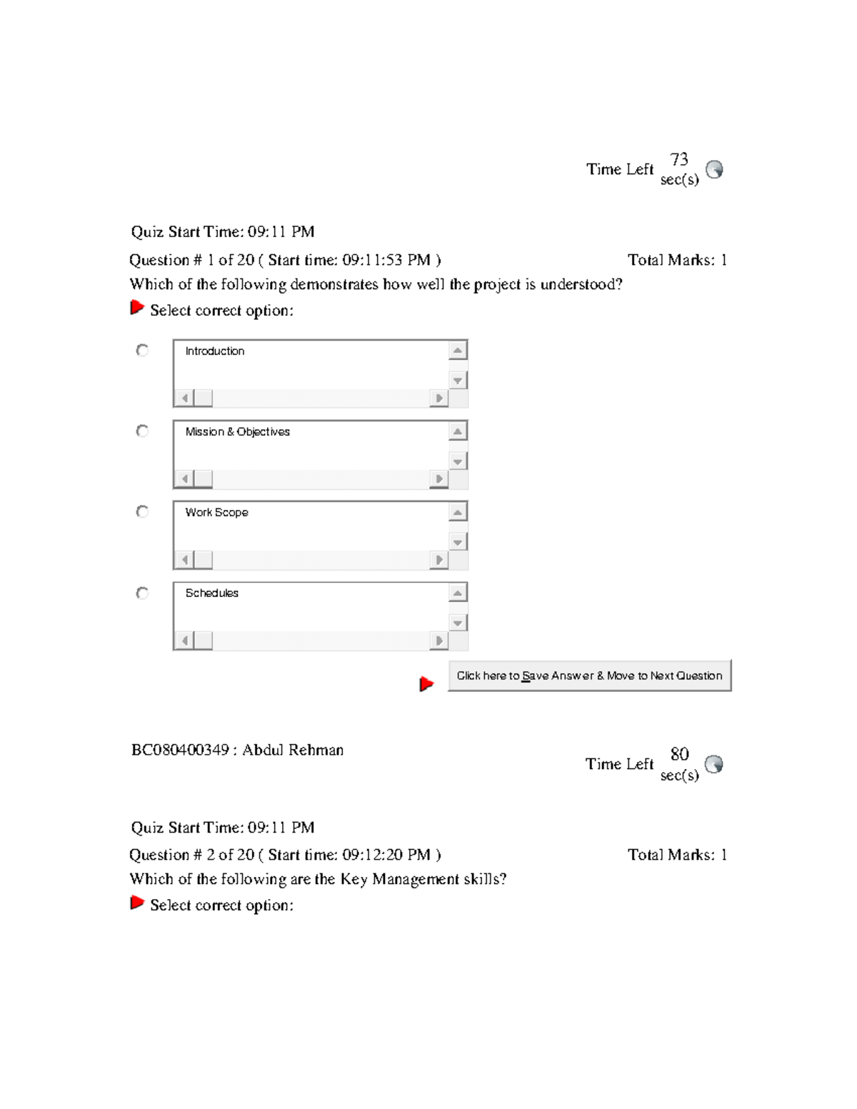 MCQS - MGMT627 Quiz4 - Quiz Start Time: 09:11 PM Time Left sec(s) 73 ...