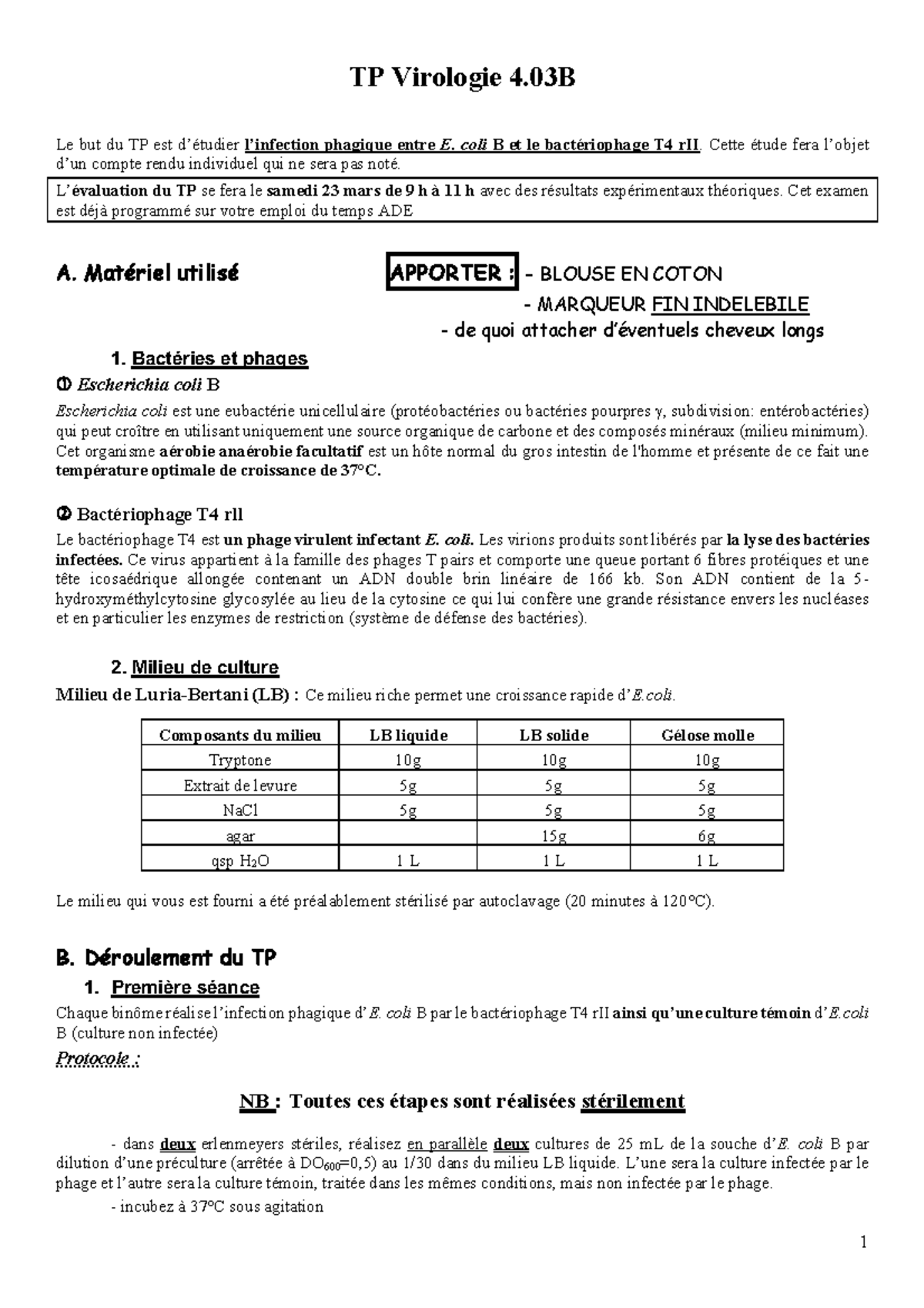 Poly TP 4 03B 2024 - Poly de TP - TP Virologie 4 .03B Le but du TP est d’étudier l’infection ...