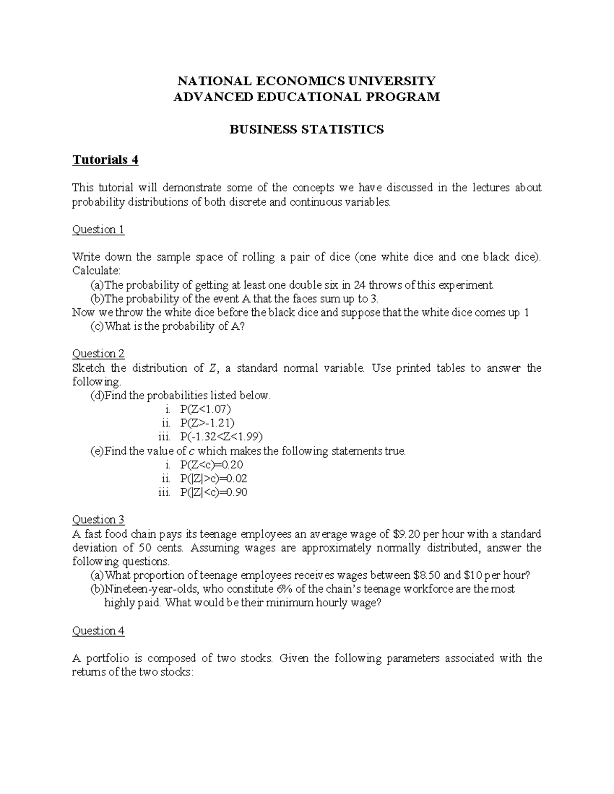 Tutorial 4 NATIONAL ECONOMICS UNIVERSITY ADVANCED EDUCATIONAL PROGRAM ...
