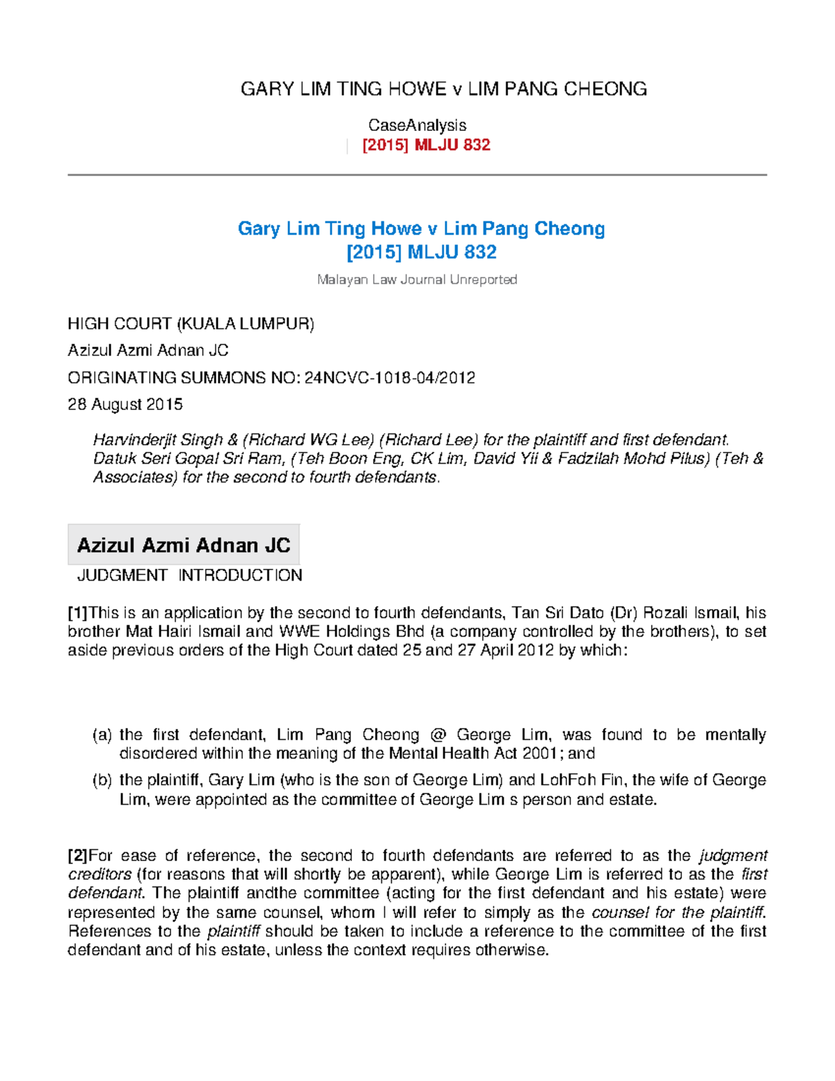 case of Gary Lim Ting Howe v Lim Pang Cheong - CaseAnalysis | [2015 ...