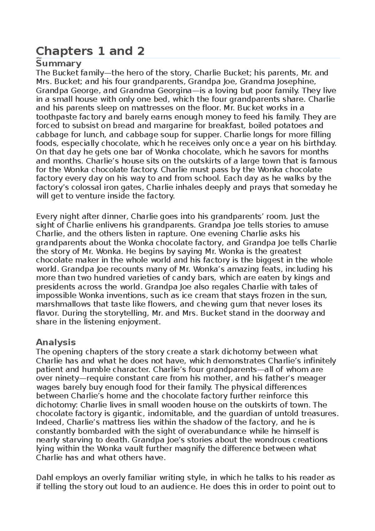 Charlie and the Chocolate Factory - Chapters 1 and 2Chapters 1 and 2 ...