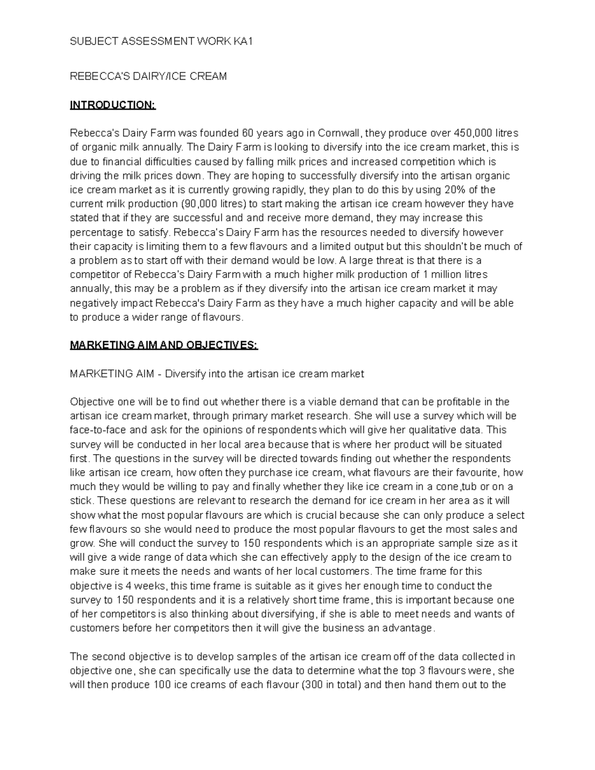 Unit 2 Example Distinction Rebecca's Dairy - SUBJECT ASSESSMENT WORK KA ...