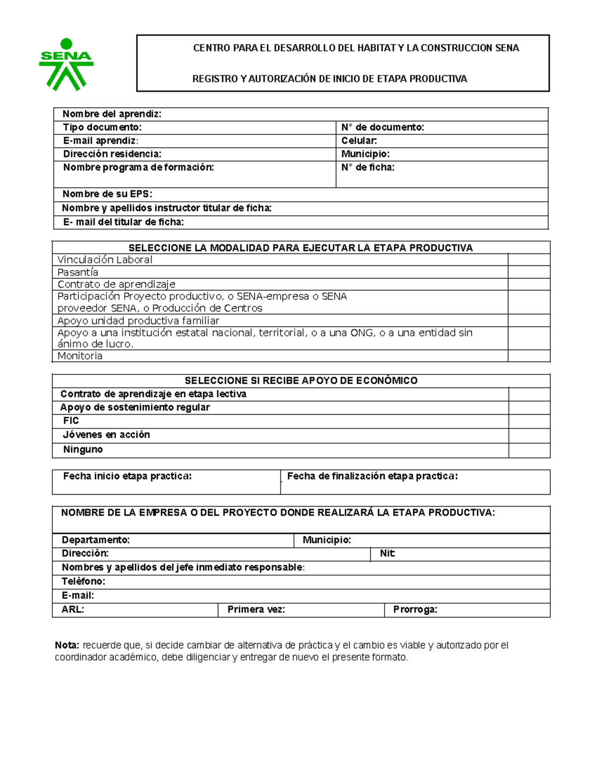 Formato Registro Y AutorizacióN Salida Etapa Practica - Nombre del aprendiz: Tipo documento: N ...