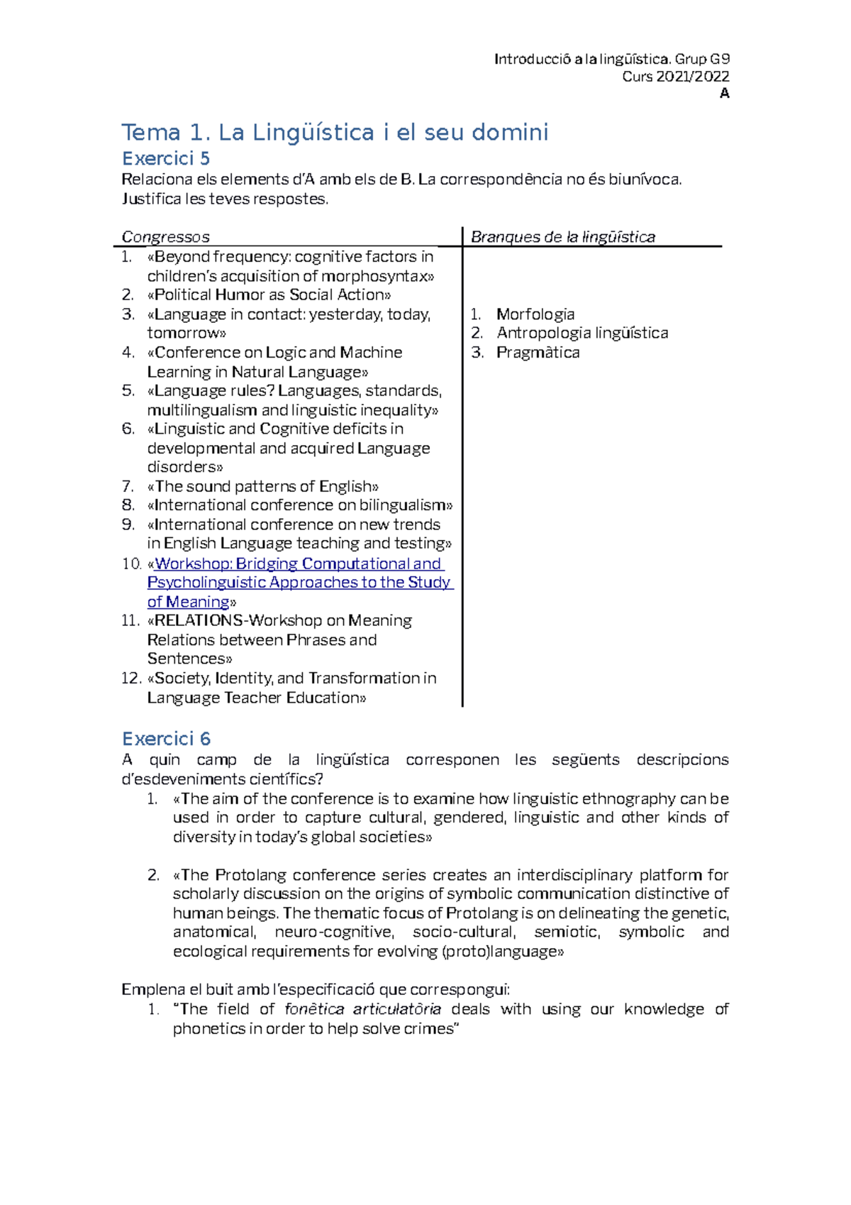 Tema 1 - Exercicis 2 - G9 - TEMA 1 Y 2 - Introducció a la lingüística ...