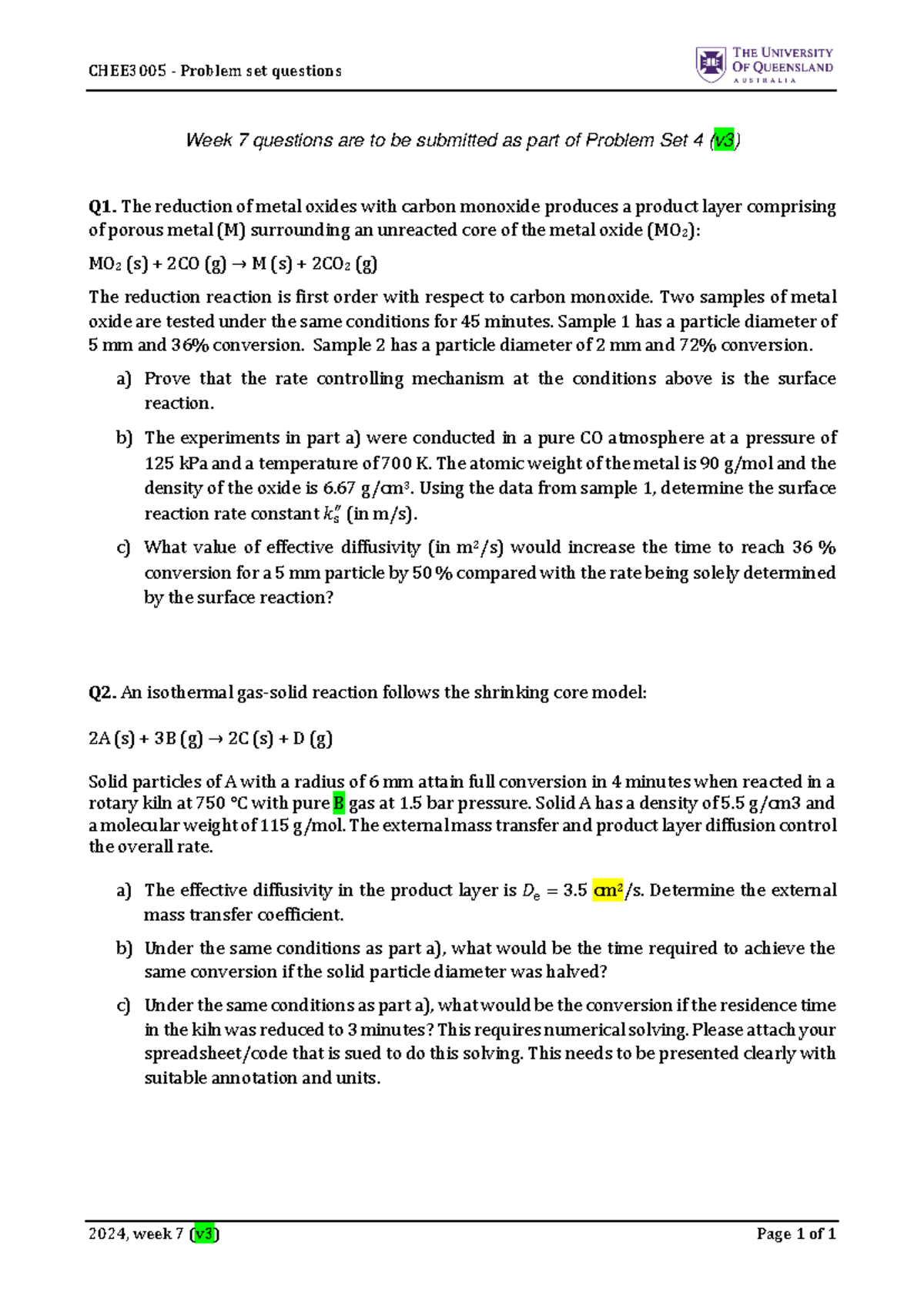 Problem set 4 - week 7 questions (v3) - CHEE3005 - Problem set questions 2024 , week 7 (v3) Page ...