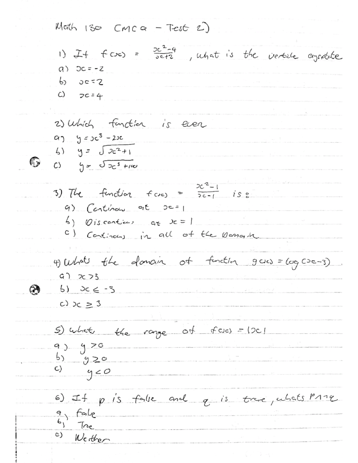 MATH TEST 2 (MCQ) Practice - MATH130 - Studocu