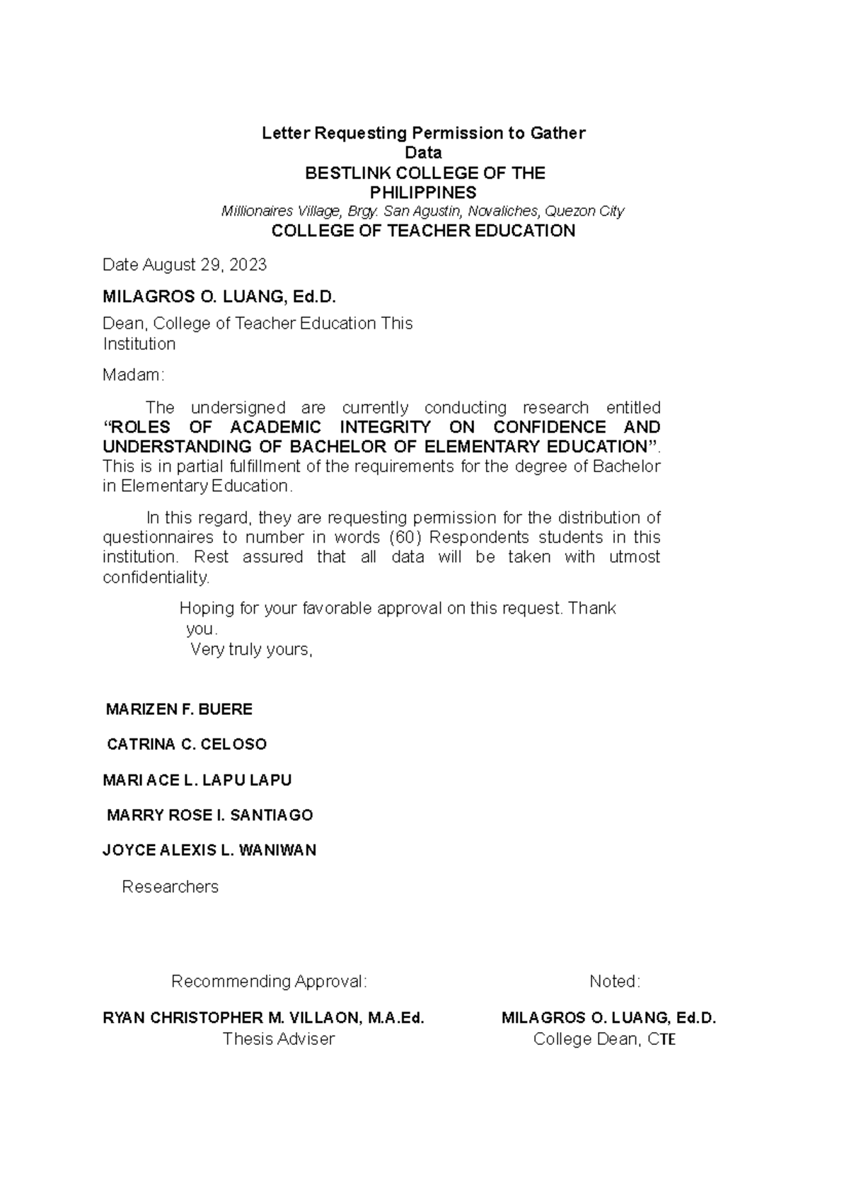 A to F APPENDICES - Letter Requesting Permission to Gather Data ...