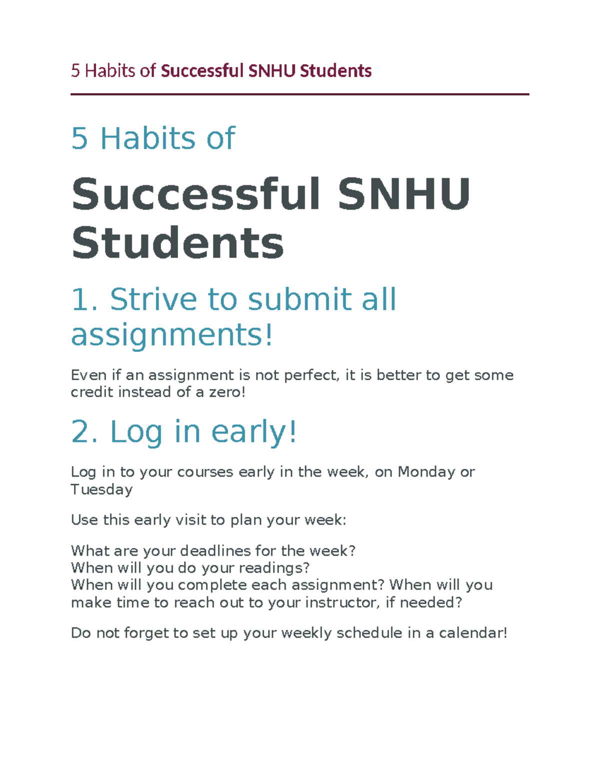 5 Habits of Successful SNHU Students - Strive to submit all assignments ...