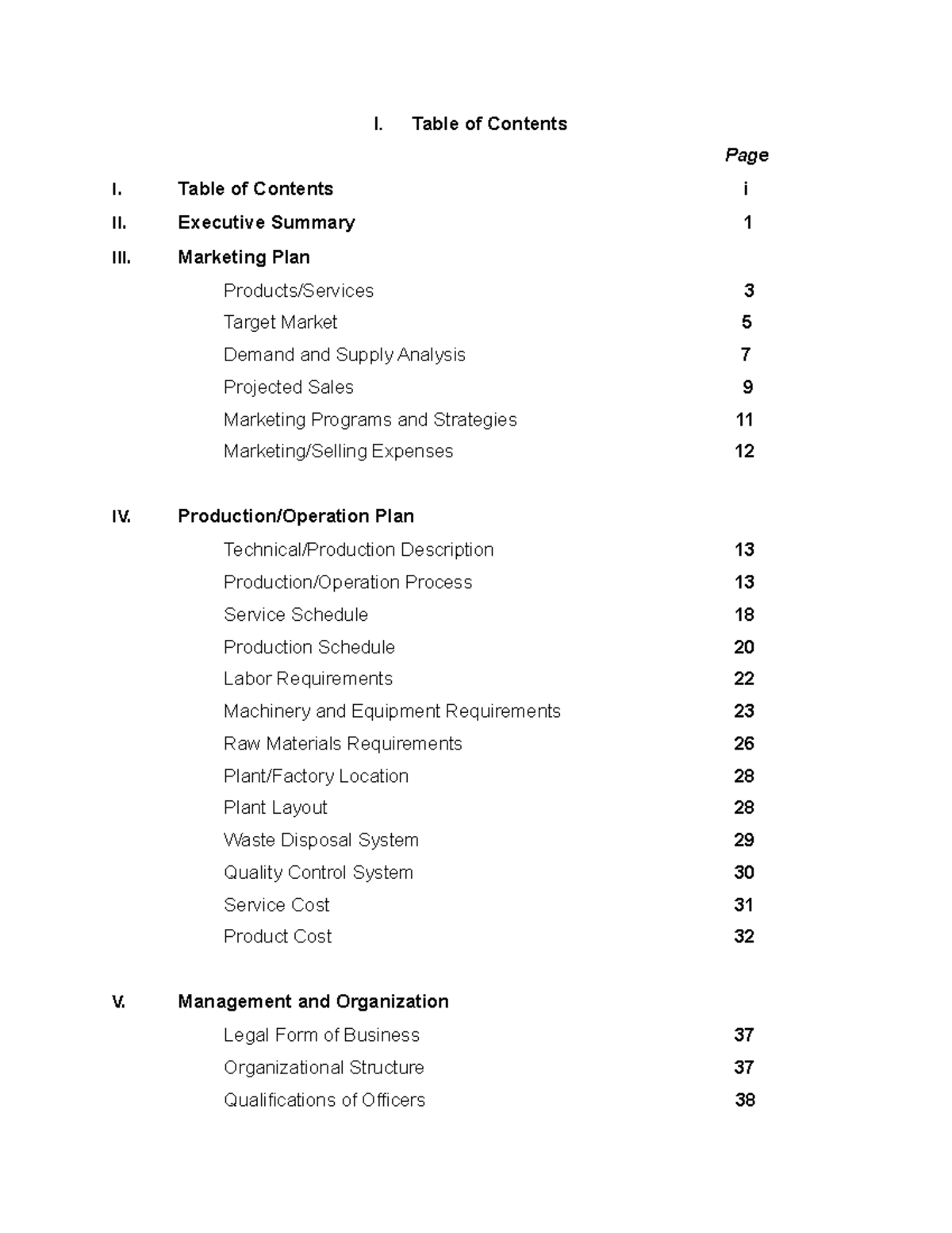 Table - study - I. Table of Contents Page II. Executive Summary I ...