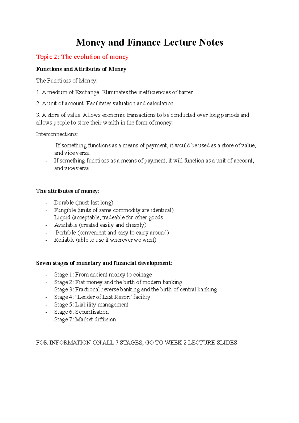 Money and Finance Lecture Notes - Eliminates the inefficiencies of ...