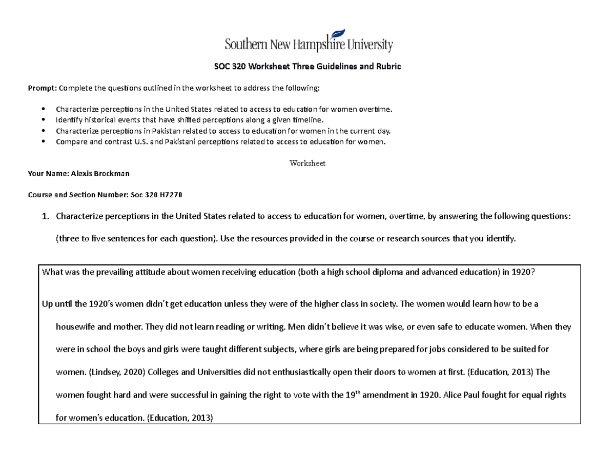 SOC 320 Worksheet Three Guidelines and Rubric - Characterize ...
