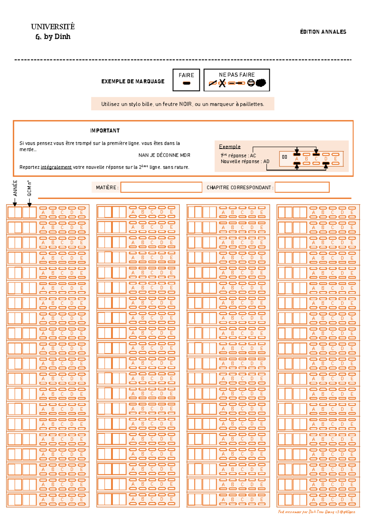 Grille QCM maison Annales - Exemple UNIVERSITÉ G. by Dinh Utilisez un stylo bille, un feutre ...