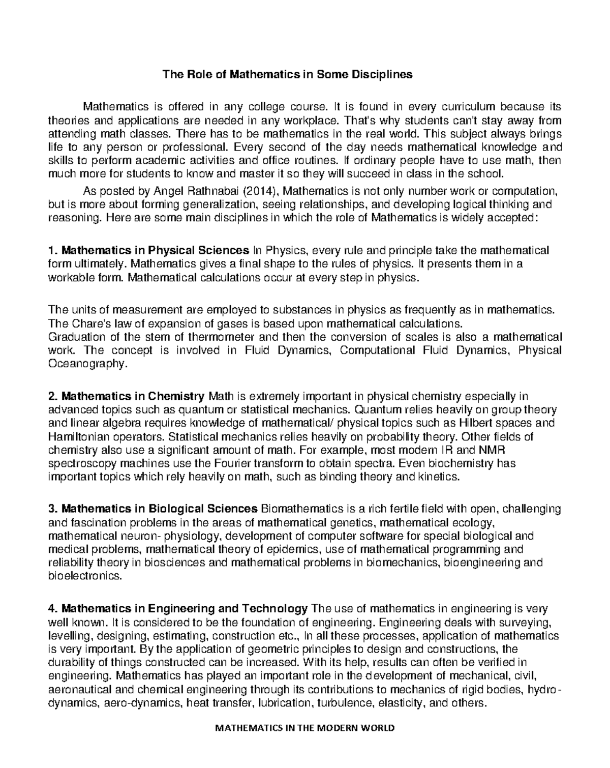 The Role Of Mathematics In Some Disciplines The Role Of Mathematics