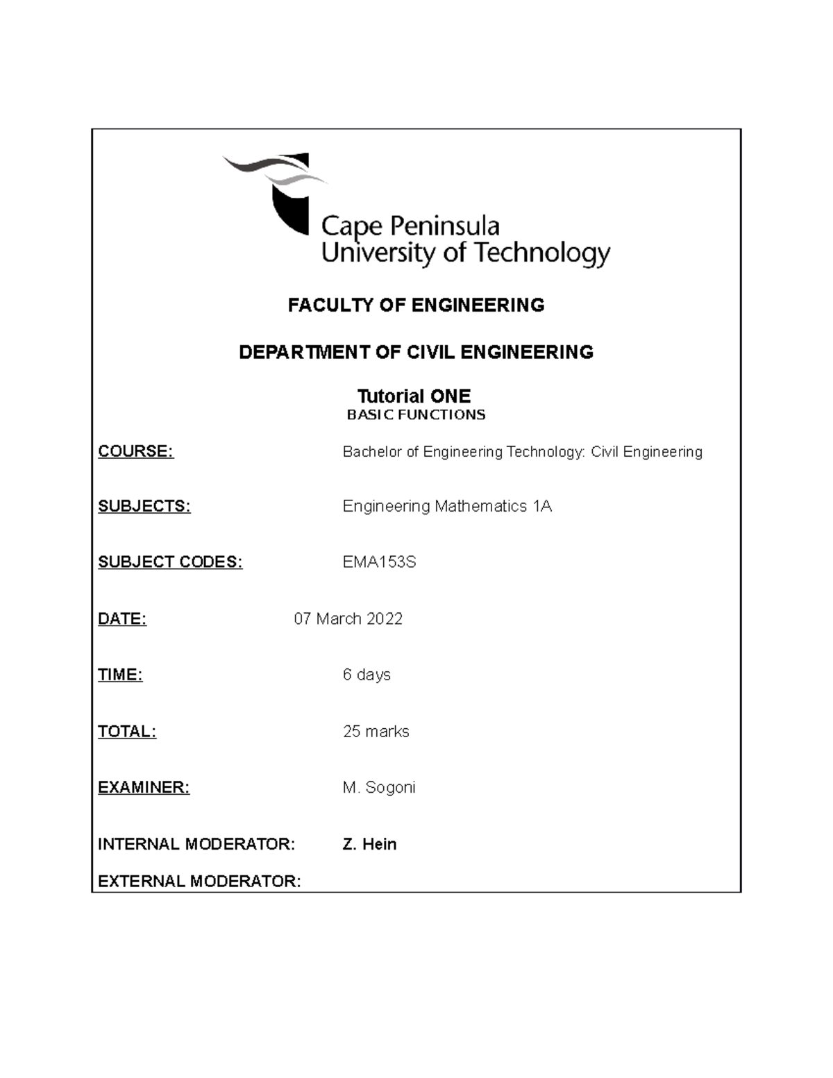 Tutorial ONE 07 March 2022 - FACULTY OF ENGINEERING DEPARTMENT OF CIVIL ...