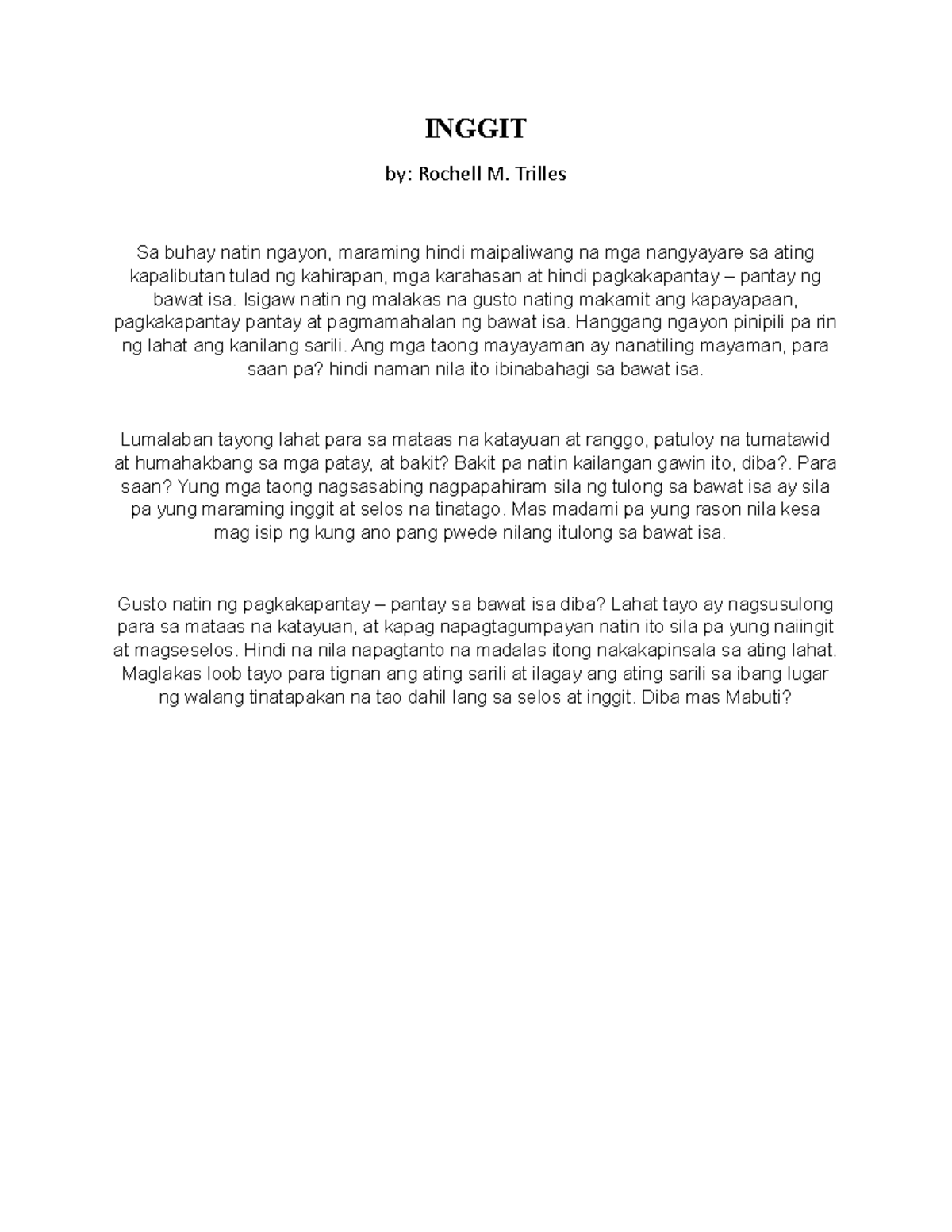 Inggit - INGGIT by: Rochell M. Trilles Sa buhay natin ngayon, maraming ...