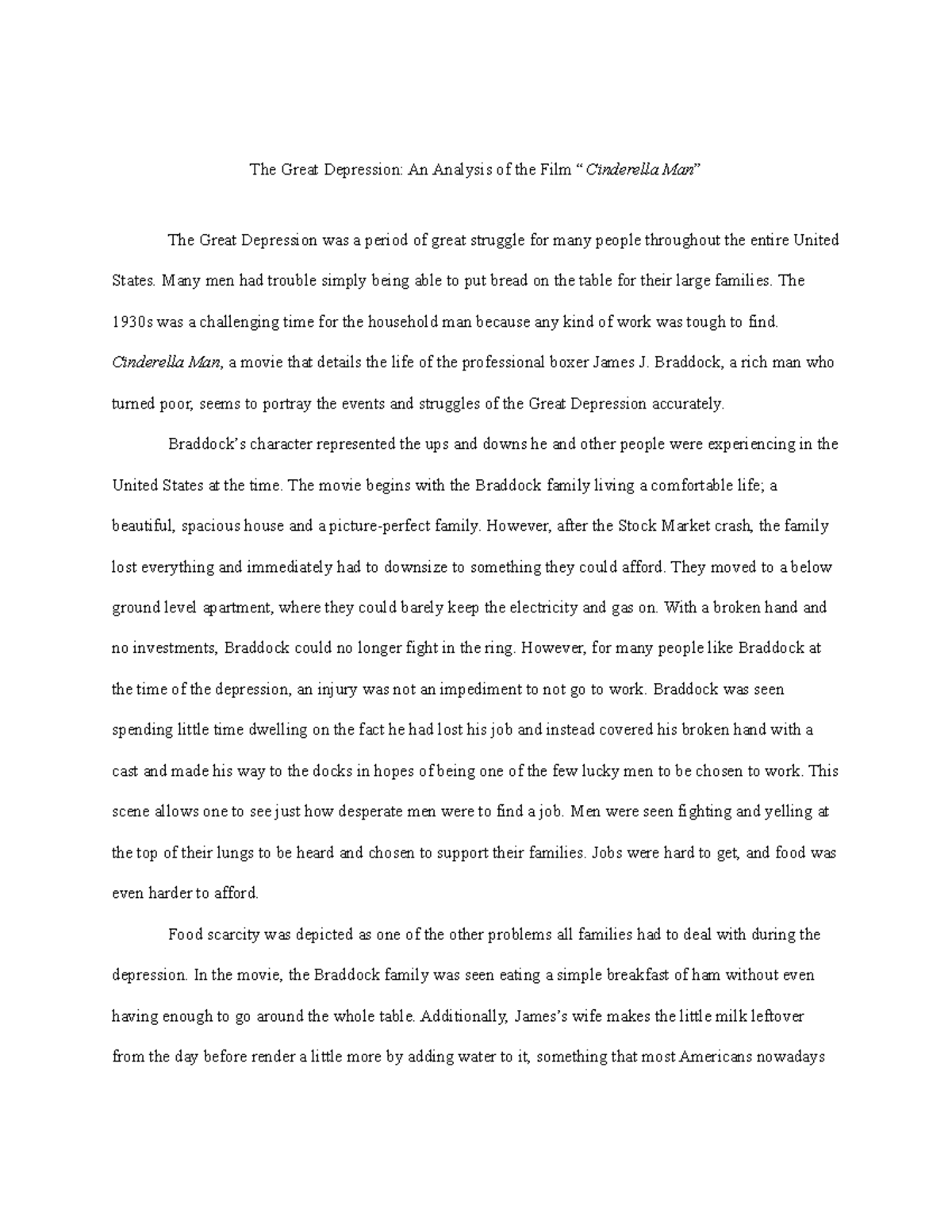 Cinderella Man - Grade: A - The Great Depression: An Analysis of the ...