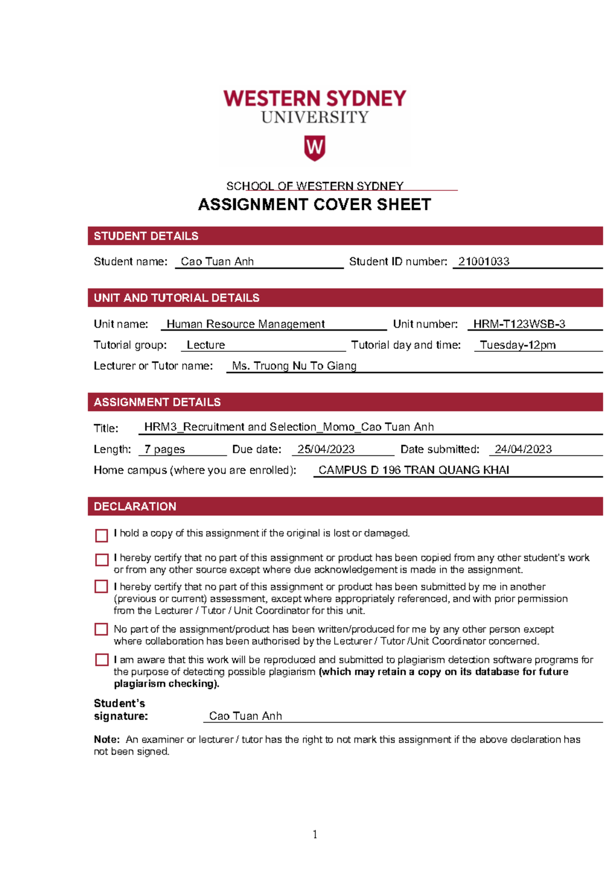 HRM3 jsjsjkdndjs - SCHOOL OF WESTERN SYDNEY ASSIGNMENT COVER SHEET ...