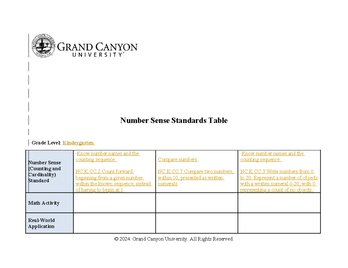 ECE 455 T1 Number Sense Matrix - Number Sense Standards Table Grade ...