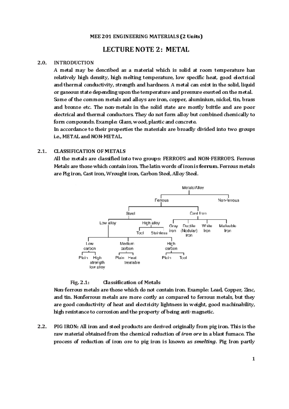 MEE 201 Lecture NOTE 2 - Materials - MEE 201 ENGINEERING MATERIALS (2 ...