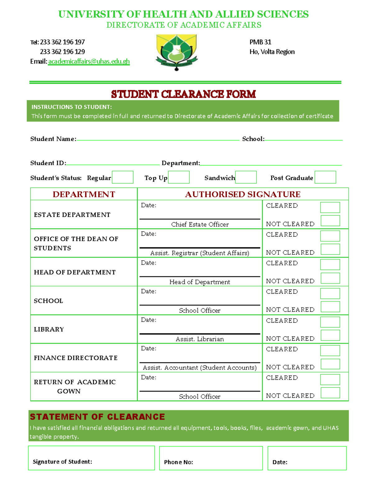 Student Clearance FORM - UNIVERSITY OF HEALTH AND ALLIED SCIENCES ...