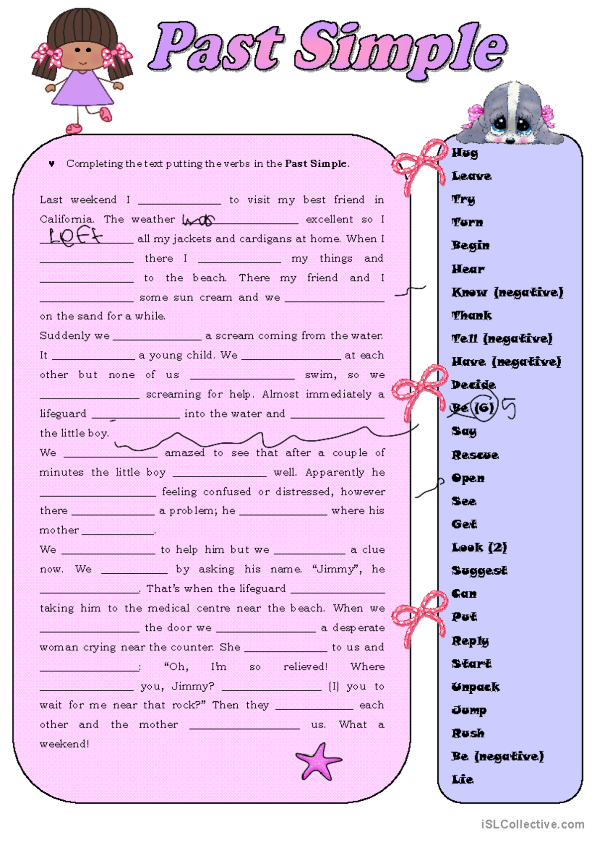 Past Simple tense - ghvhbnkm - Completing the text putting the verbs in ...