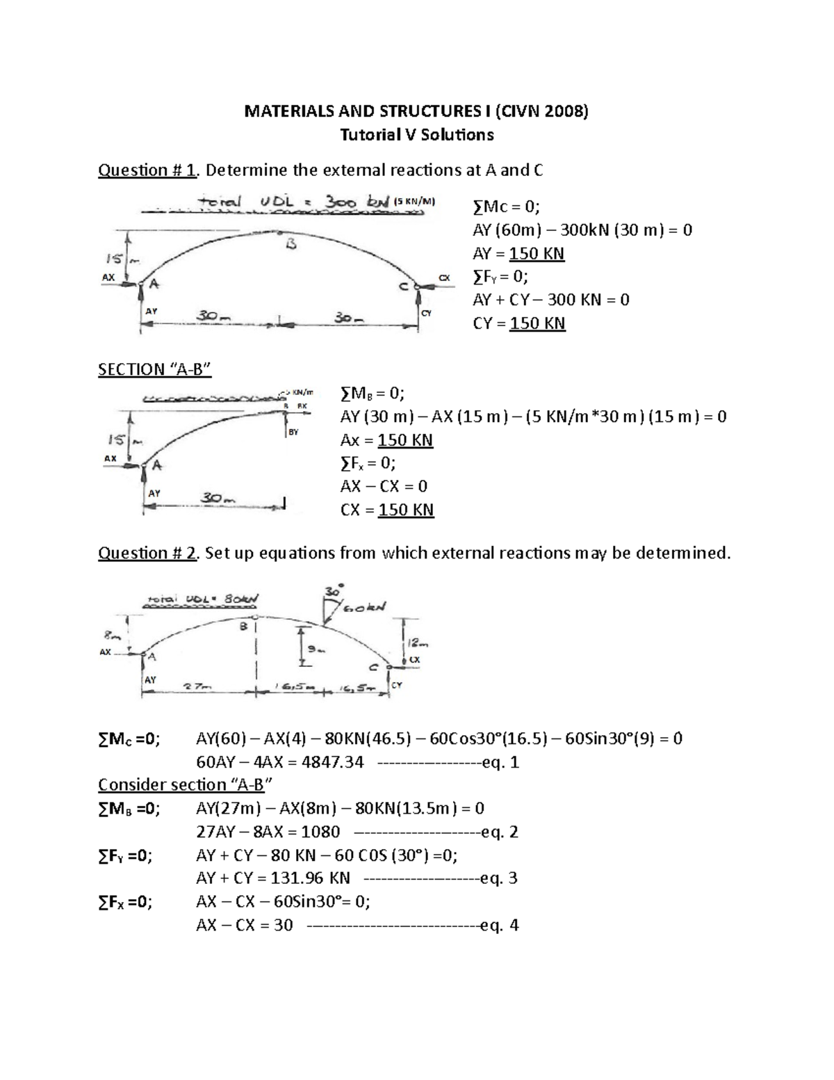 CIVN2008 Tutorial-VI 2020 Solutions - MATERIALS AND STRUCTURES I (CIVN 2008) Tutorial V ...