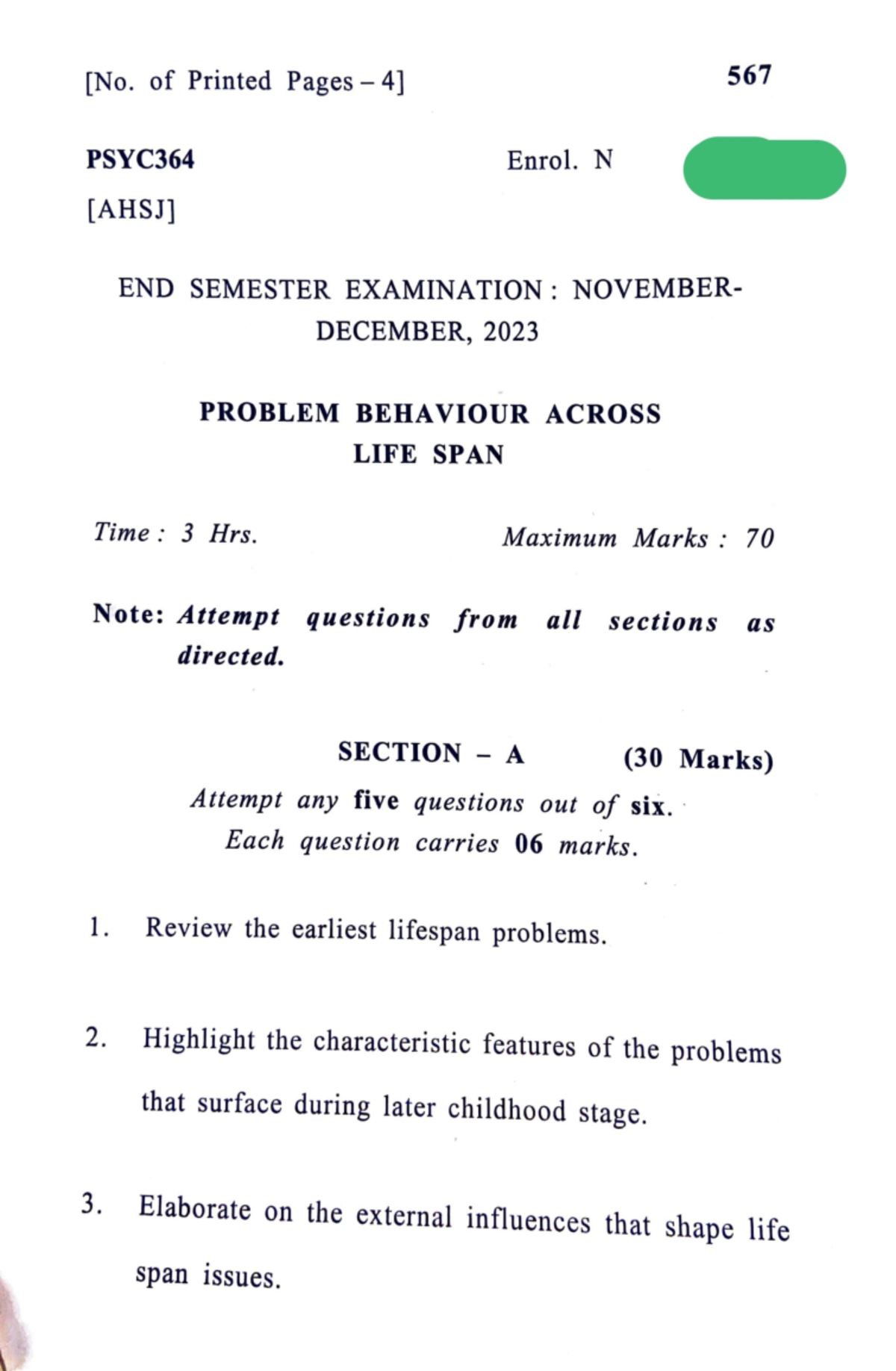 Problem behaviour across life span Question Paper - [No. of Printed ...
