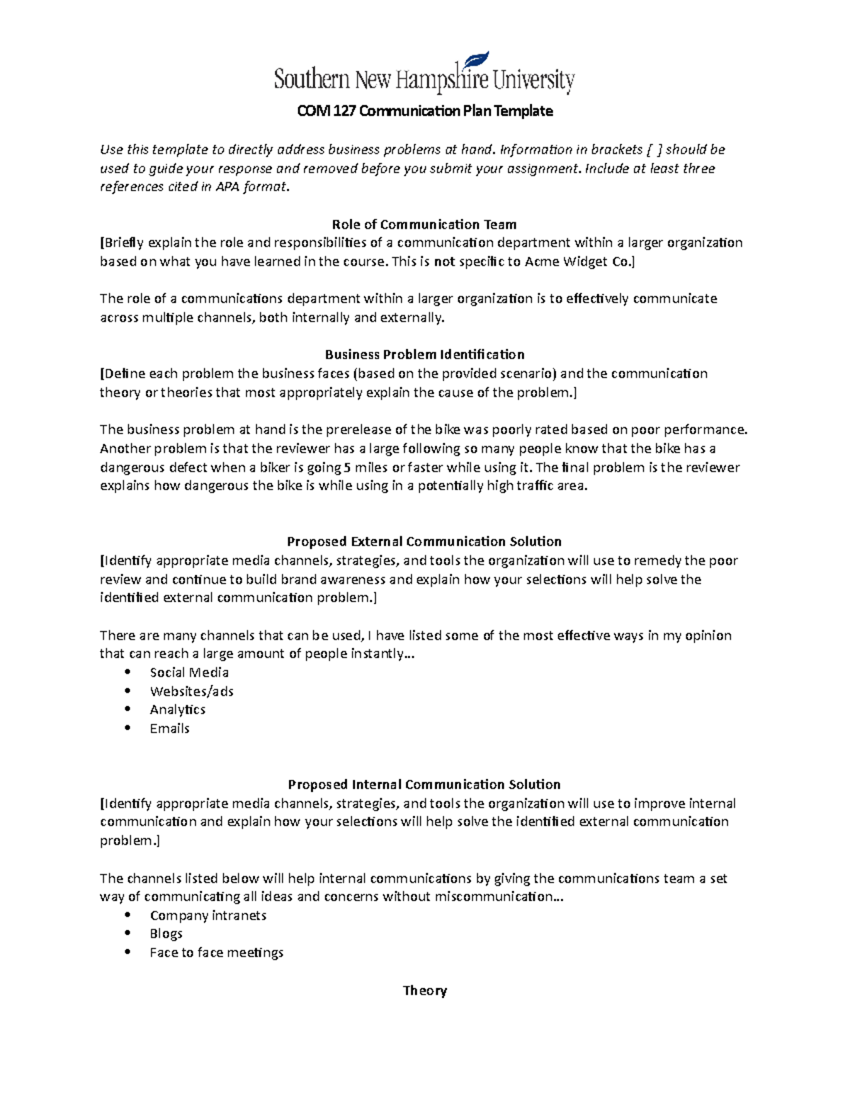 COM 127 final project submission - COM 127 Communication Plan Template ...