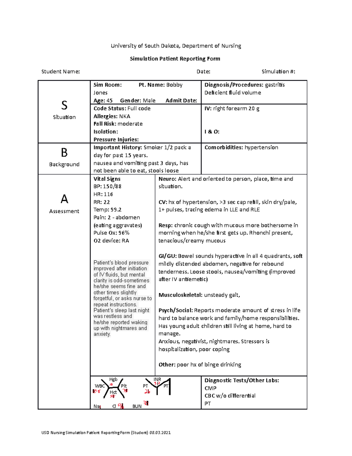 Simulation Patient Reporting Form student - University of South Dakota ...