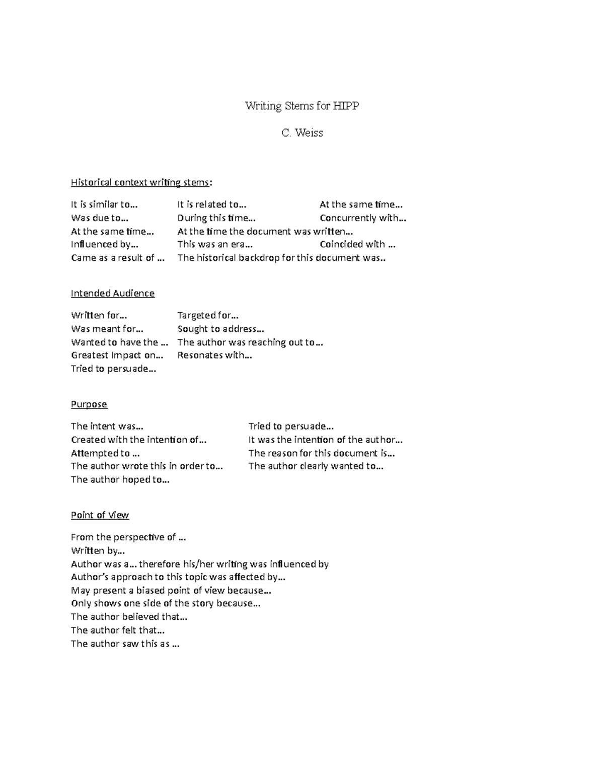 Hippo-Writing-Stems (1) - Writing Stems for HIPP C. Weiss Historical ...