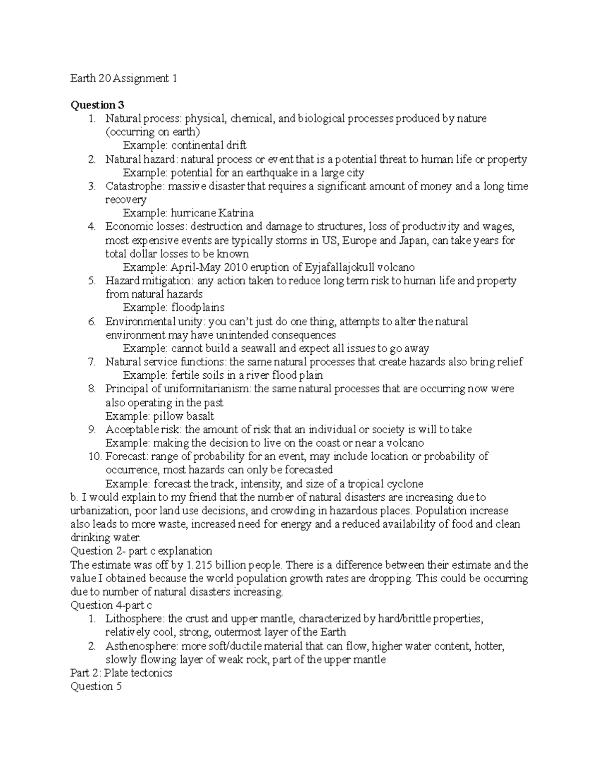 Earth 20 Assignment 1 - Earth 20 Assignment 1 Question 3 1. Natural ...