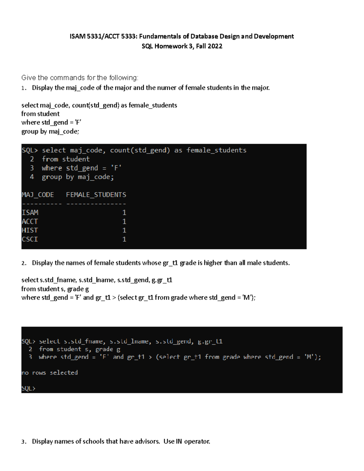 ISAM5331 5333 Th3 - SQL practice questions with answers - ISAM 5331/ACCT 5333: Fundamentals of ...