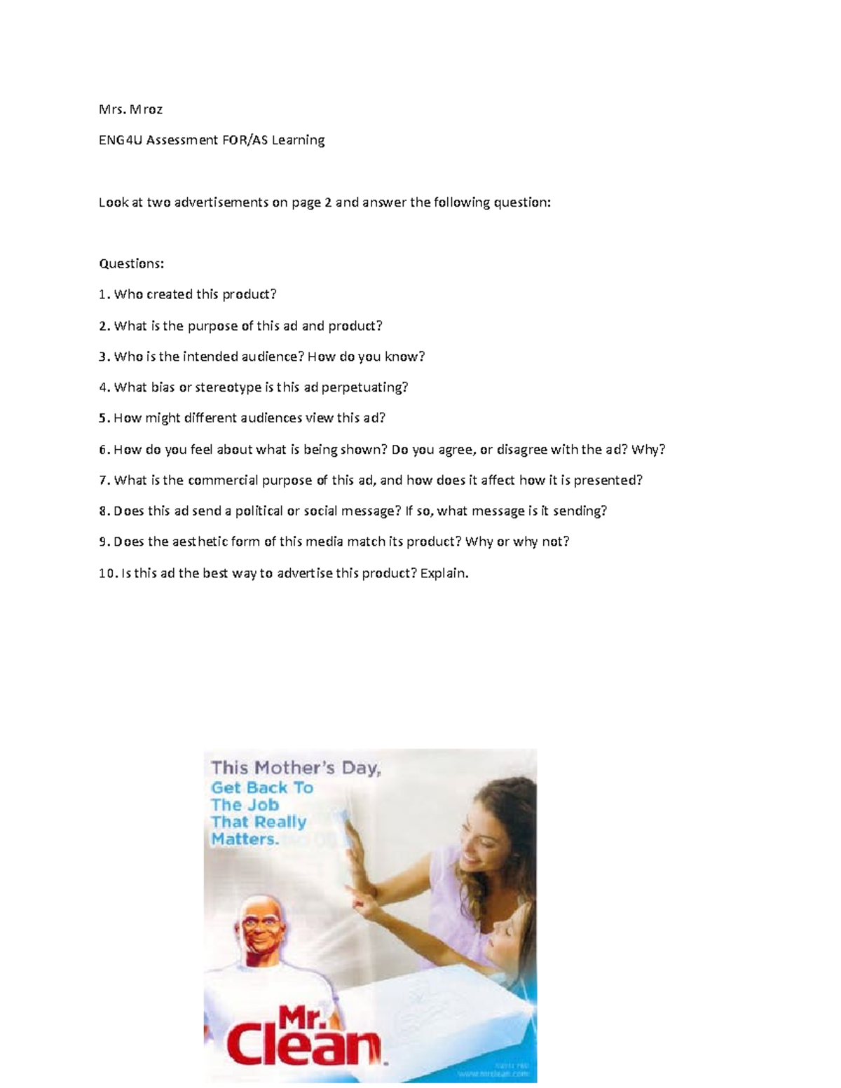 Media homework - Mrs. Mroz ENG4U Assessment FOR/AS Learning Look at two ...